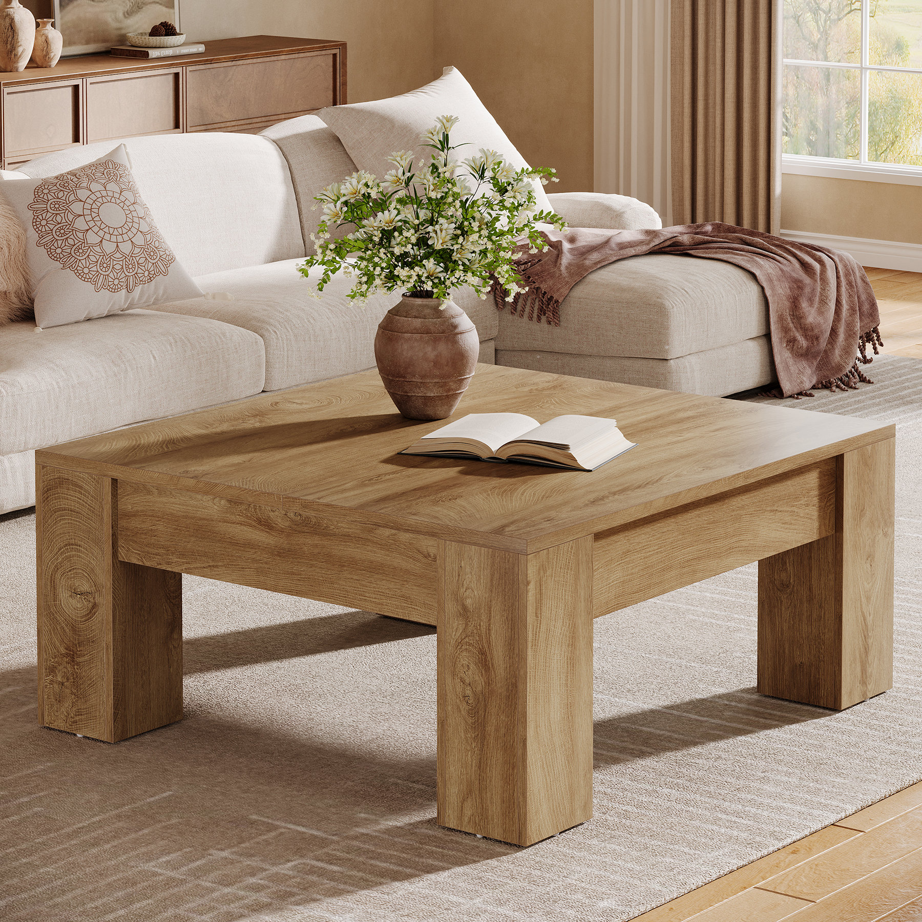 Millwood Pines 39" Square Coffee Table, Farmhouse Wooden Center Table ...