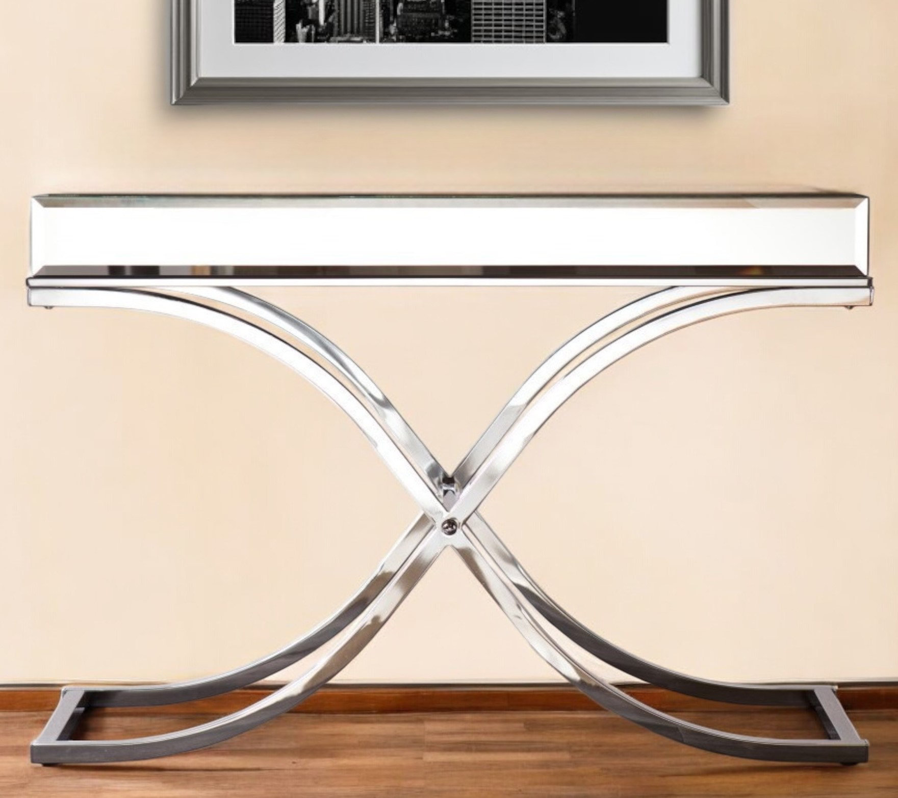 HomeRoots 42" Silver Mirrored Glass Cross Leg Console Table | Wayfair