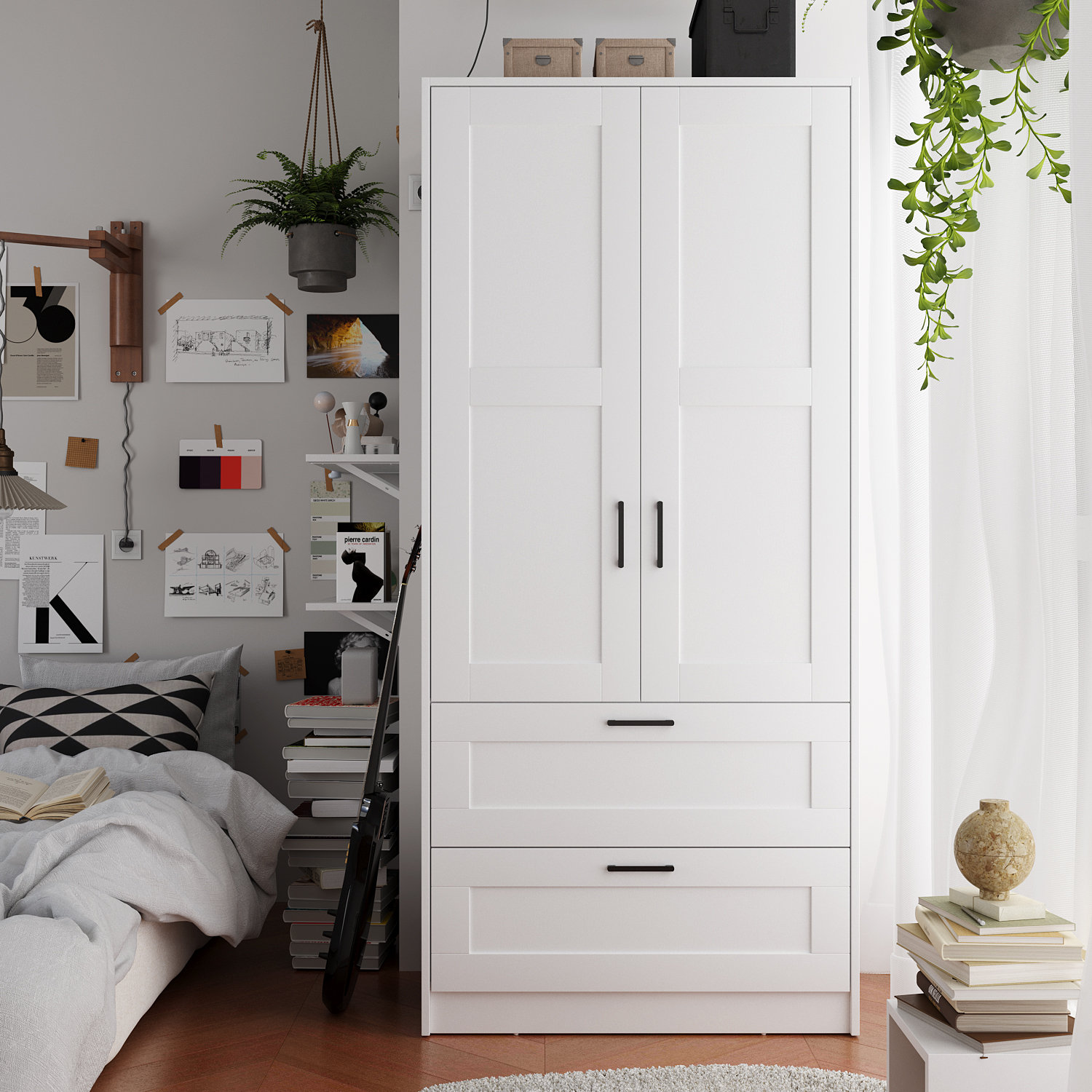 Ebern Designs Wood Wardrobe Closet With 2 Doors,bedroom Freestanding ...