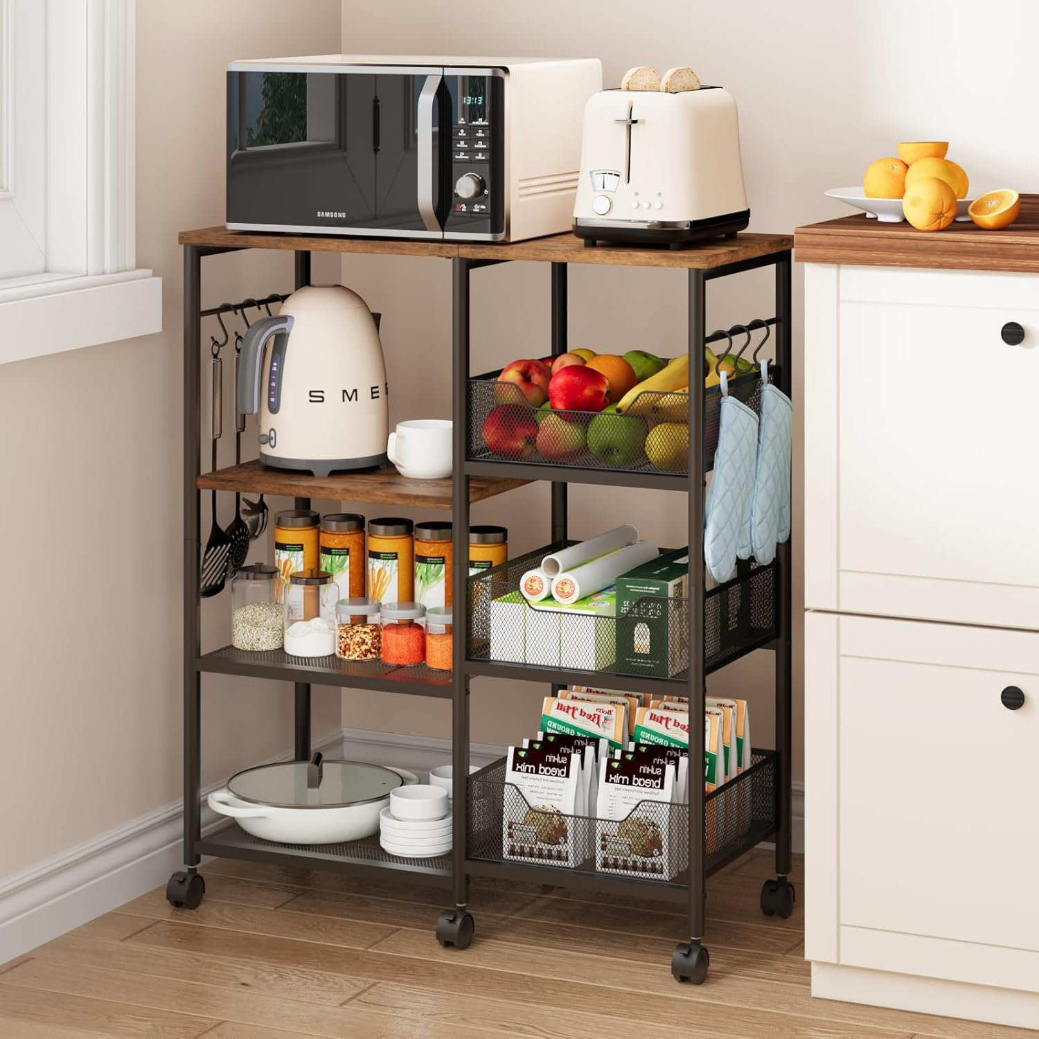 17 Stories 4-Tier Rolling Kitchen Table Cart with Wheels, Storage Racks ...