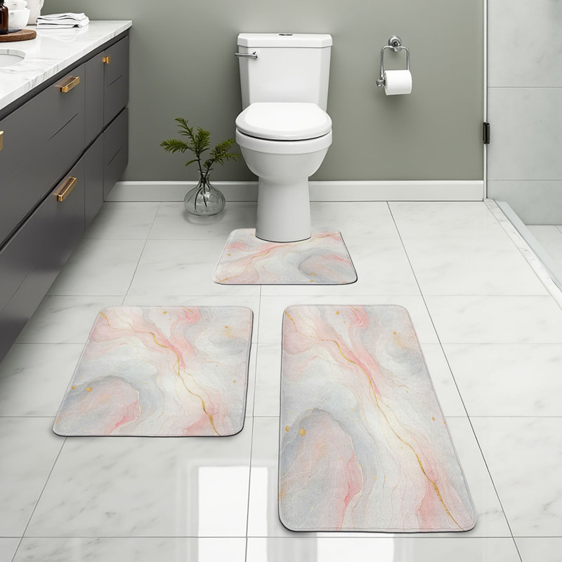 East Urban Home Pink Bathroom Rug Set 3 Pieces U-Shape & Rectangle Mats ...