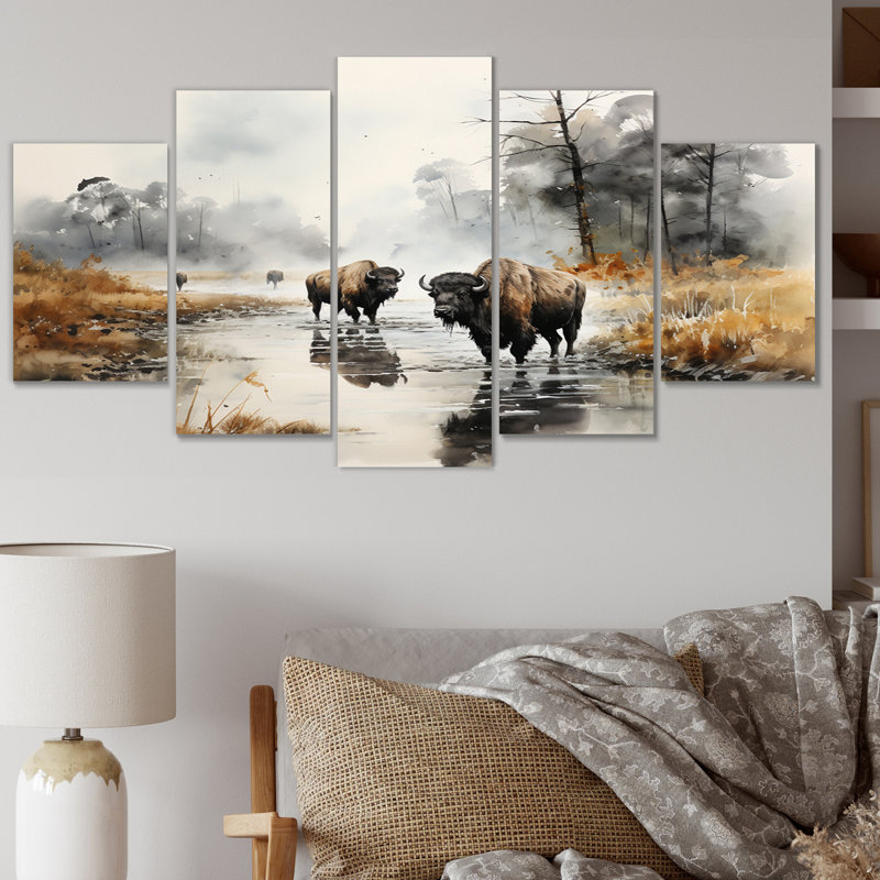 Design Art Grey Buffalo Misty Morning Grazing II - Animals Metal Wall ...