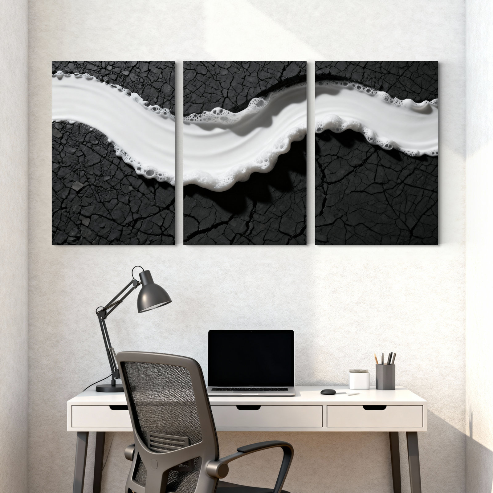 Highland Dunes Abstract Black Cracked Surface White Wave Flow Pattern ...