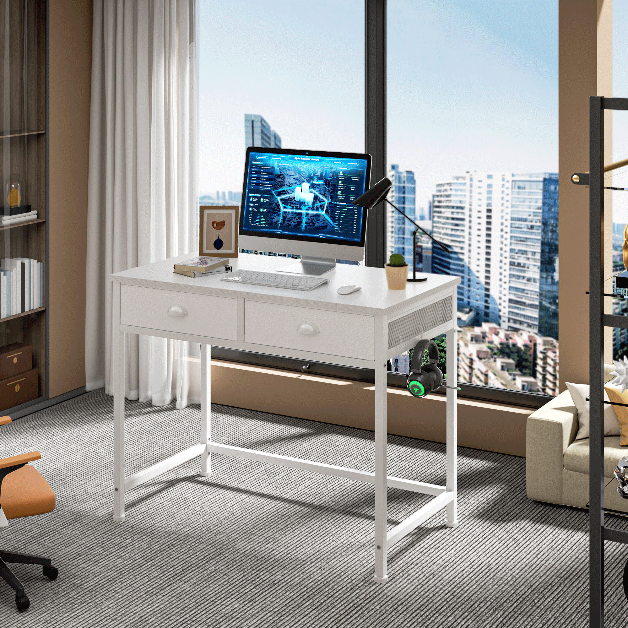 Ebern Designs Kayela Writing Desk 35 in. Computer Desk with 2 Fabric ...