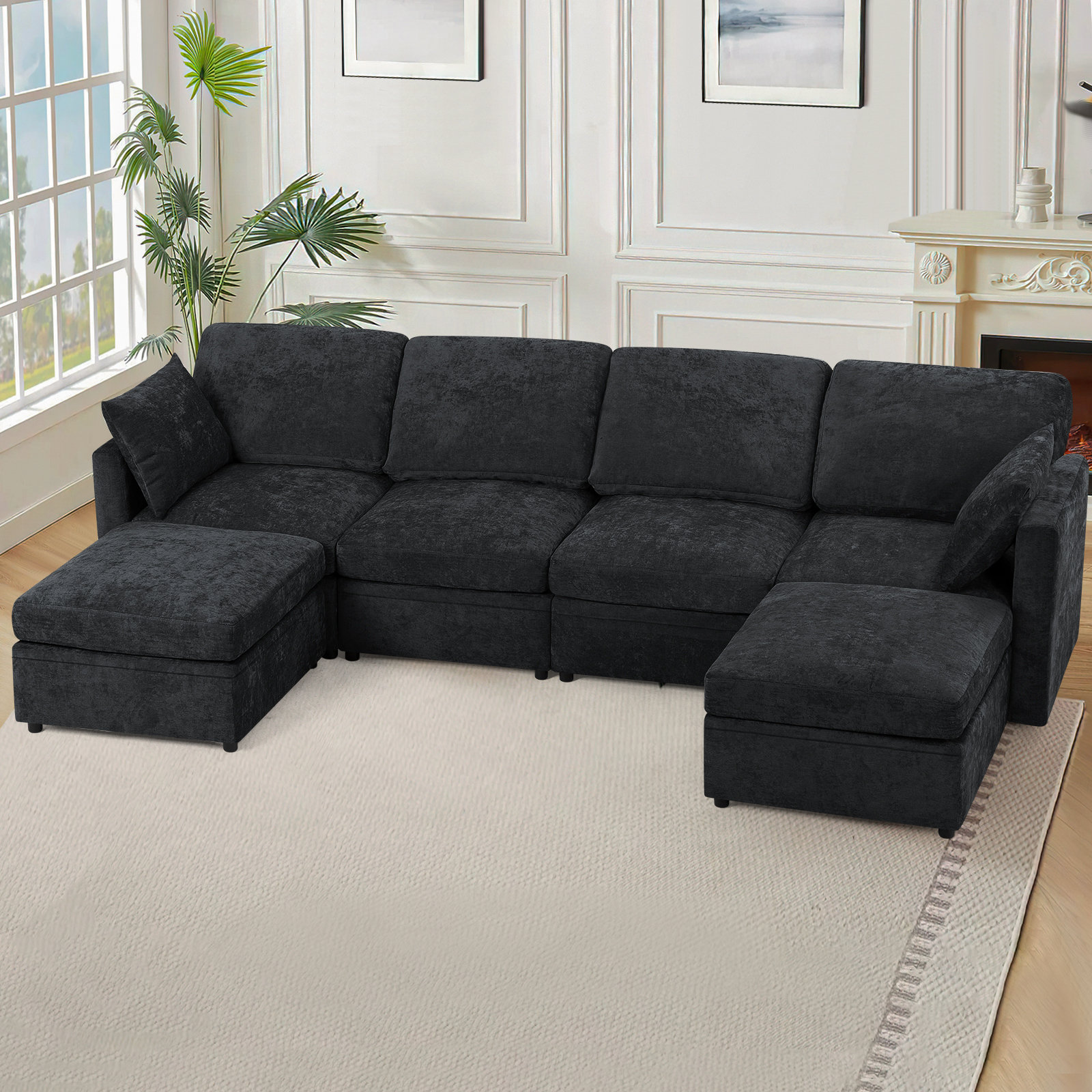 Latitude Run® 110" Chenille Sectional Sofa With Two Pillows And Ottoman ...
