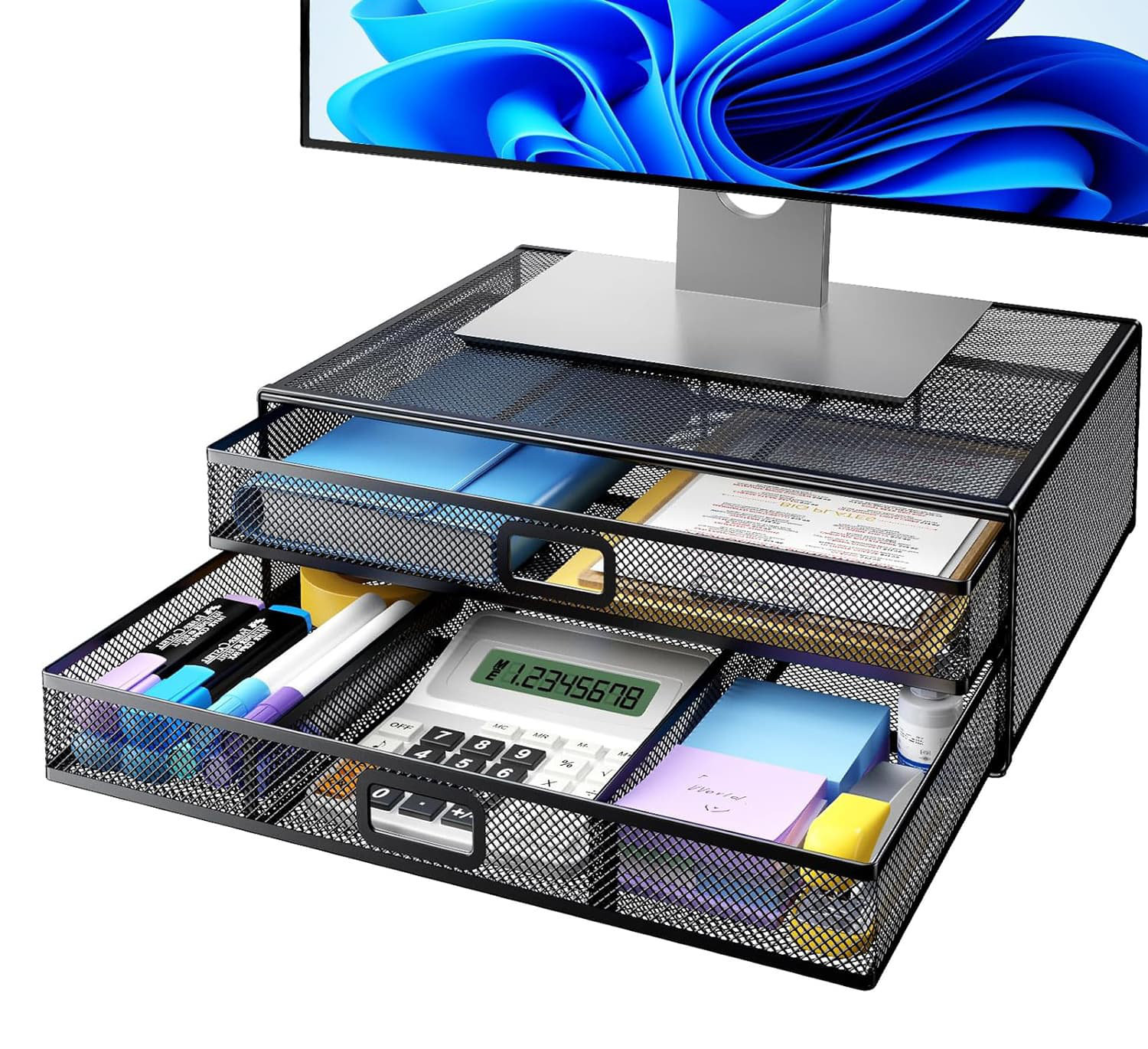 Inbox Zero 2 Tier Metal Monitor Stand with Drawer - Desk Organizer ...