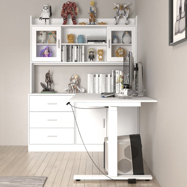 Brayden Studio® Elevating Computer Desk With 68.5'' W Bookcase ...