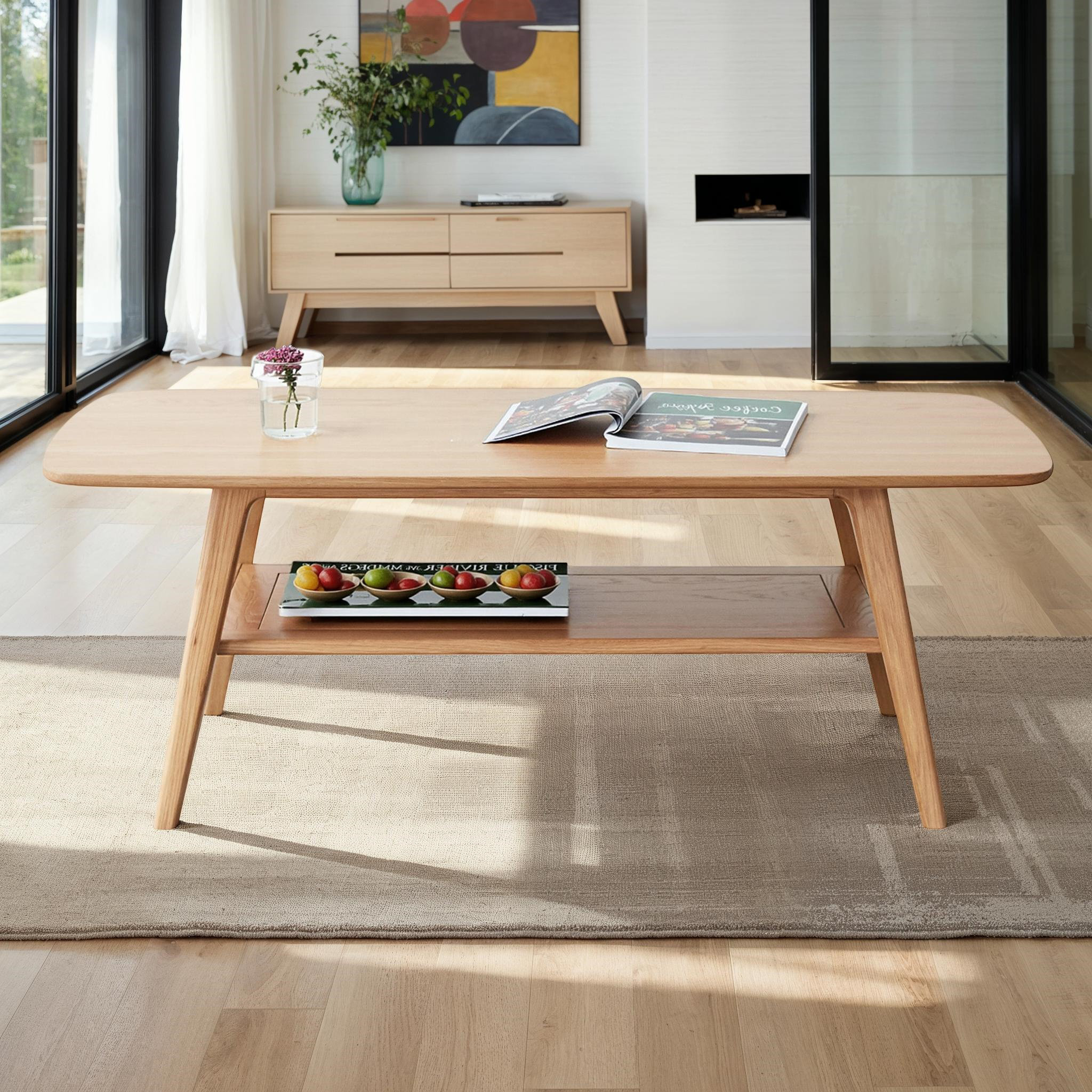 George Oliver Natural Solid Oak Coffee Table with Dual Storage Shelf ...