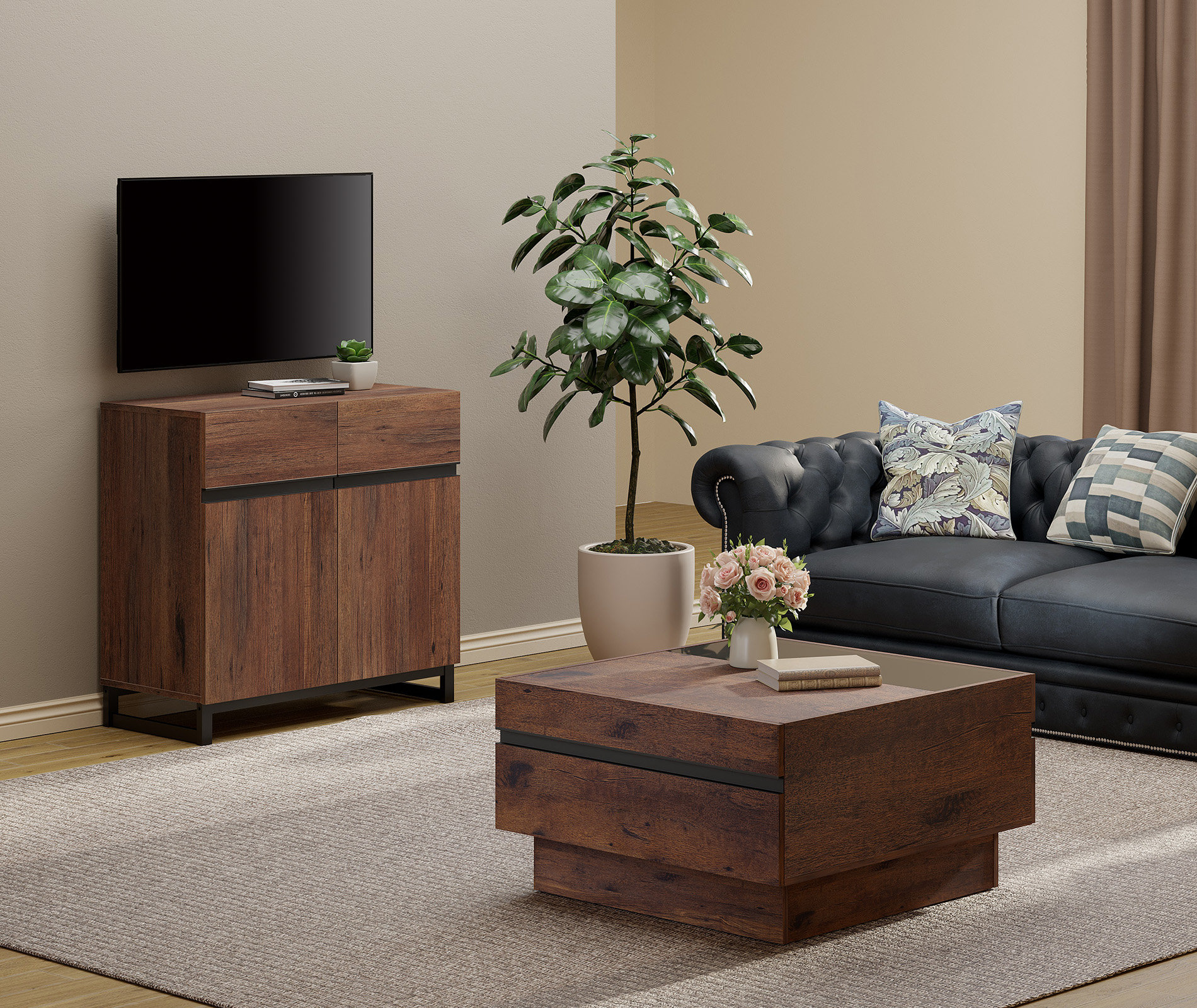 Millwood Pines Ensemble de meuble télé moderne avec 2 tables basses ...