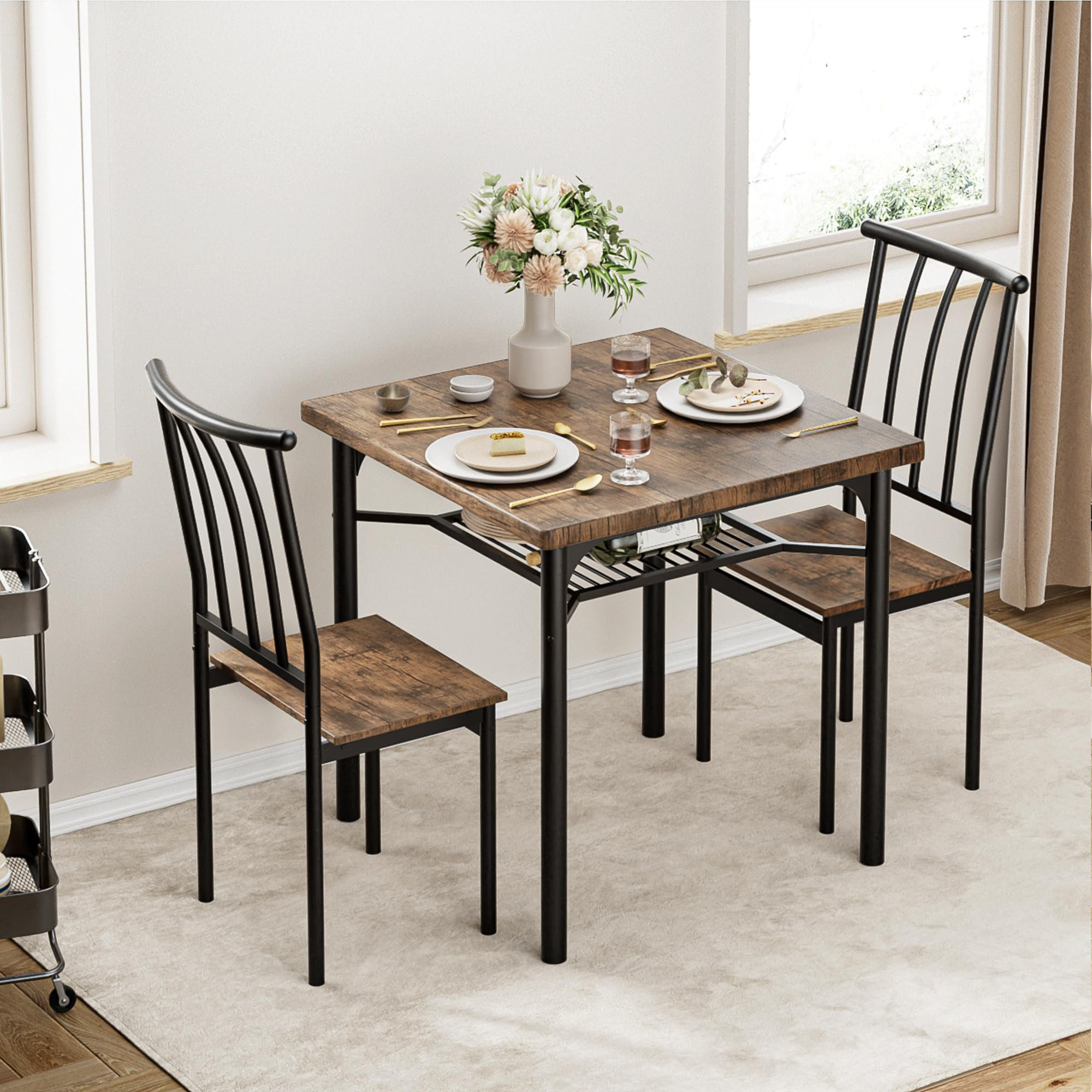 17 Stories Rustic Brown Dining Table Set For 2 With Wine Rack - Sturdy ...