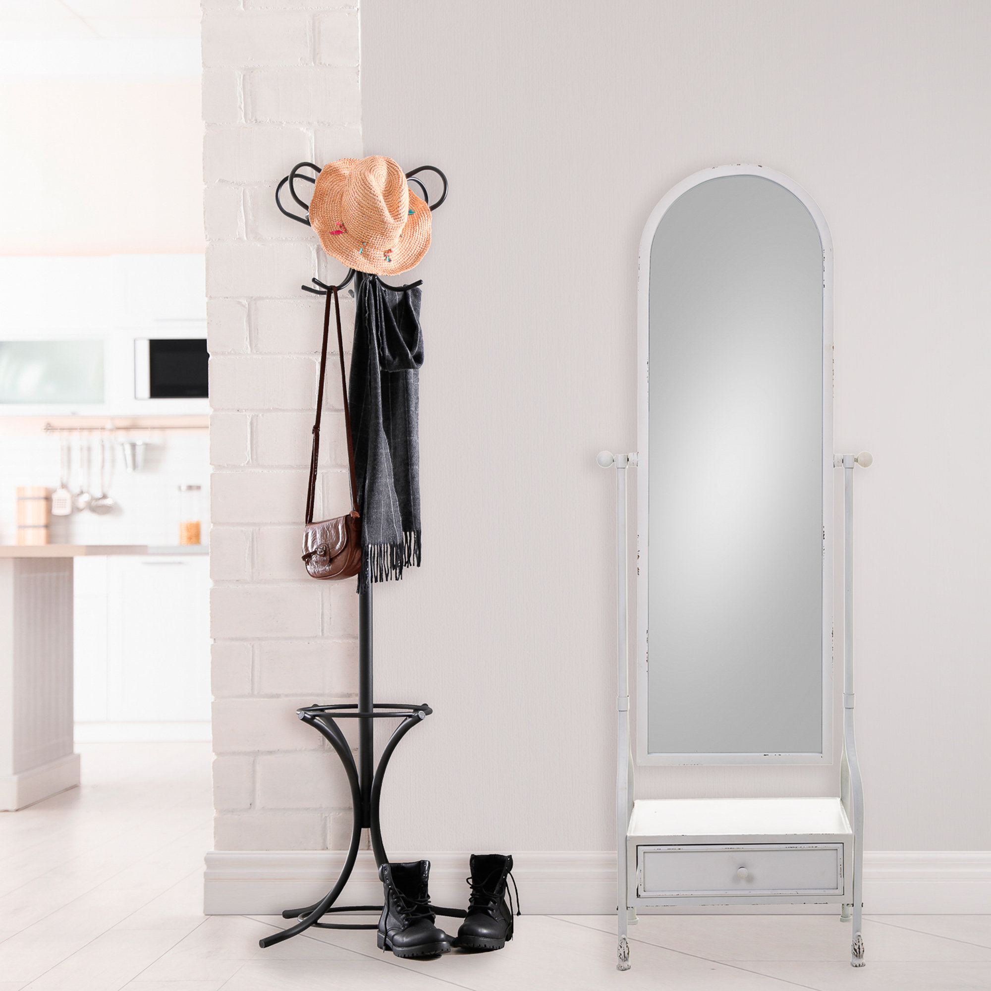 Ebern Designs Larvell Wood Framed Freestanding Cheval Mirror in White ...