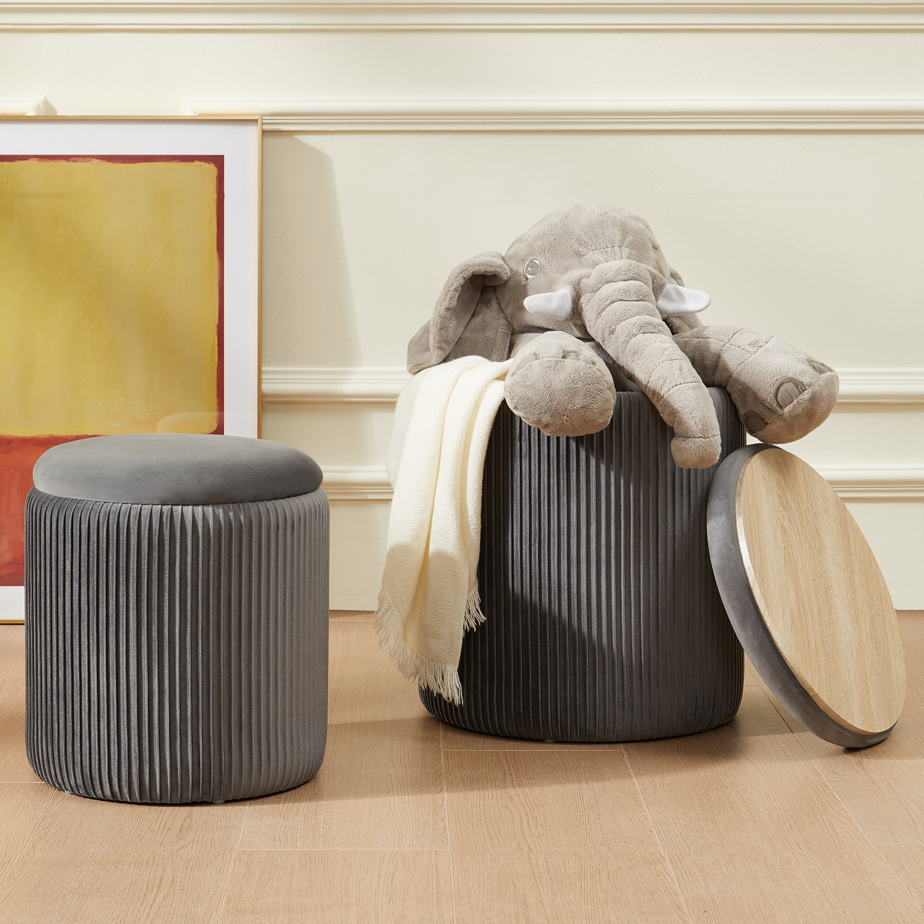 Chilihom Round Ottoman with Storage Set of 2 Upholstered Velvet Vanity ...