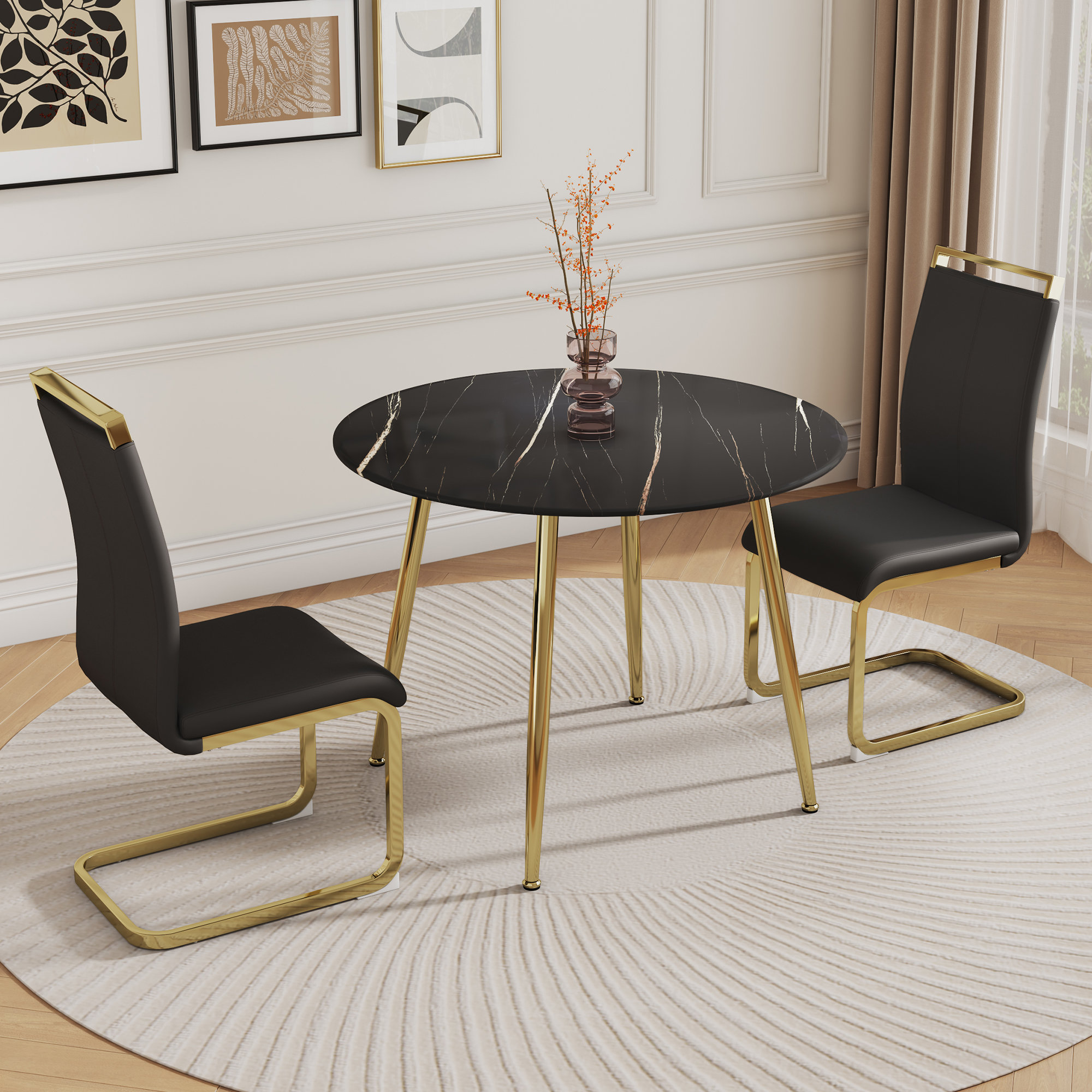 Mercer41 Caeran Simple Small Round Table with Double Chair Dining Table ...