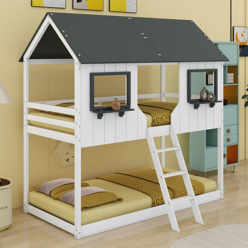 Ophelia & Co. Bunk Bed With Roof, Window, Guardrail, Ladder | Wayfair