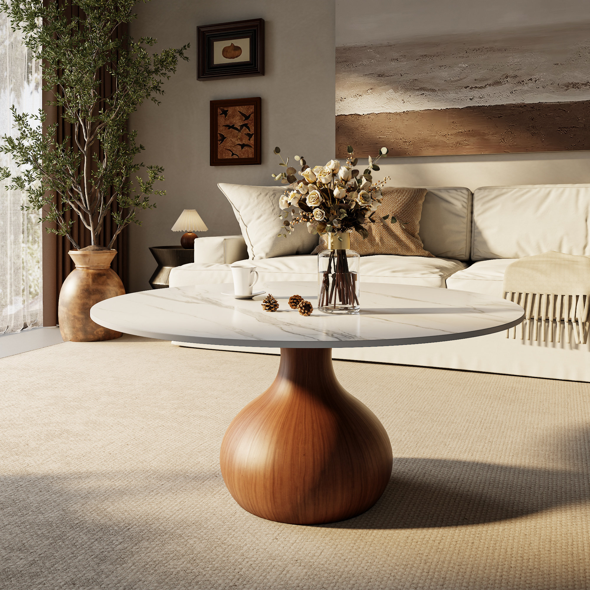 Orren Ellis Mid-Century Modern Round Coffee Table Stone Marble Effect ...