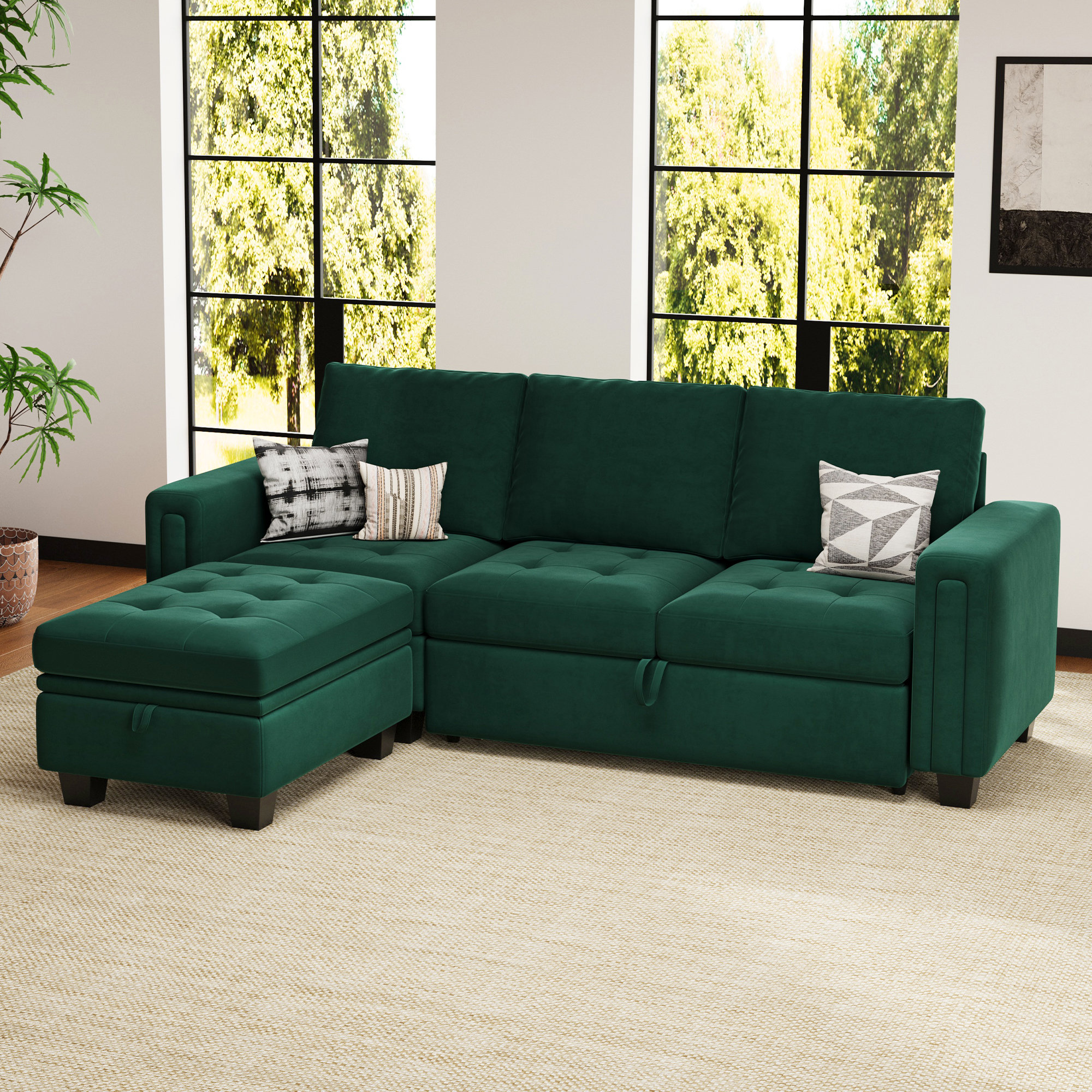 Mercer41 Shavera Velvet Modular Sectional L-Shaped Sleeper Sofa Bed ...