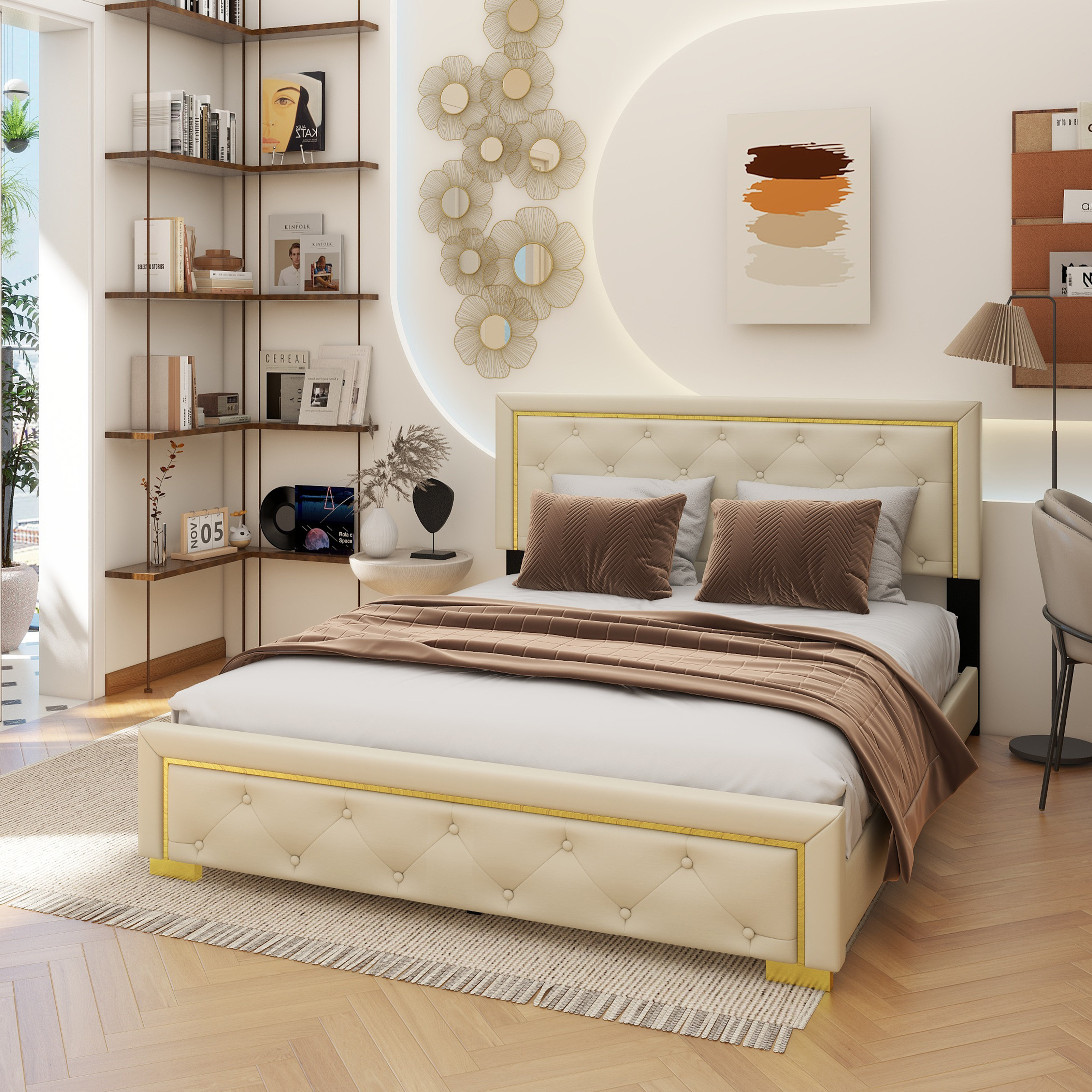 Shsfb Queen Size Upholstered Platform Bed With Pull Point Headboard And ...