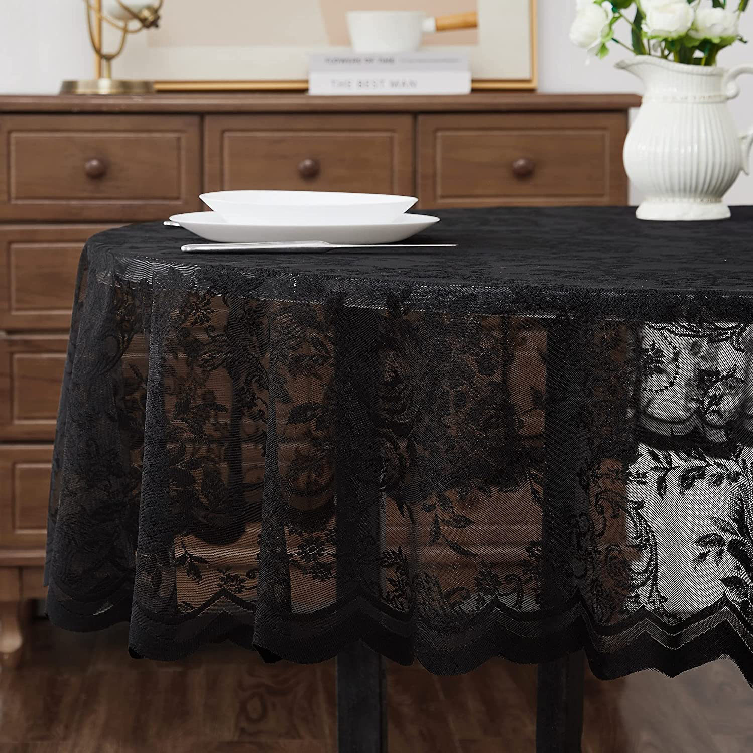 House of Hampton Lace Round Tablecloth With English Rose Design In 2 ...