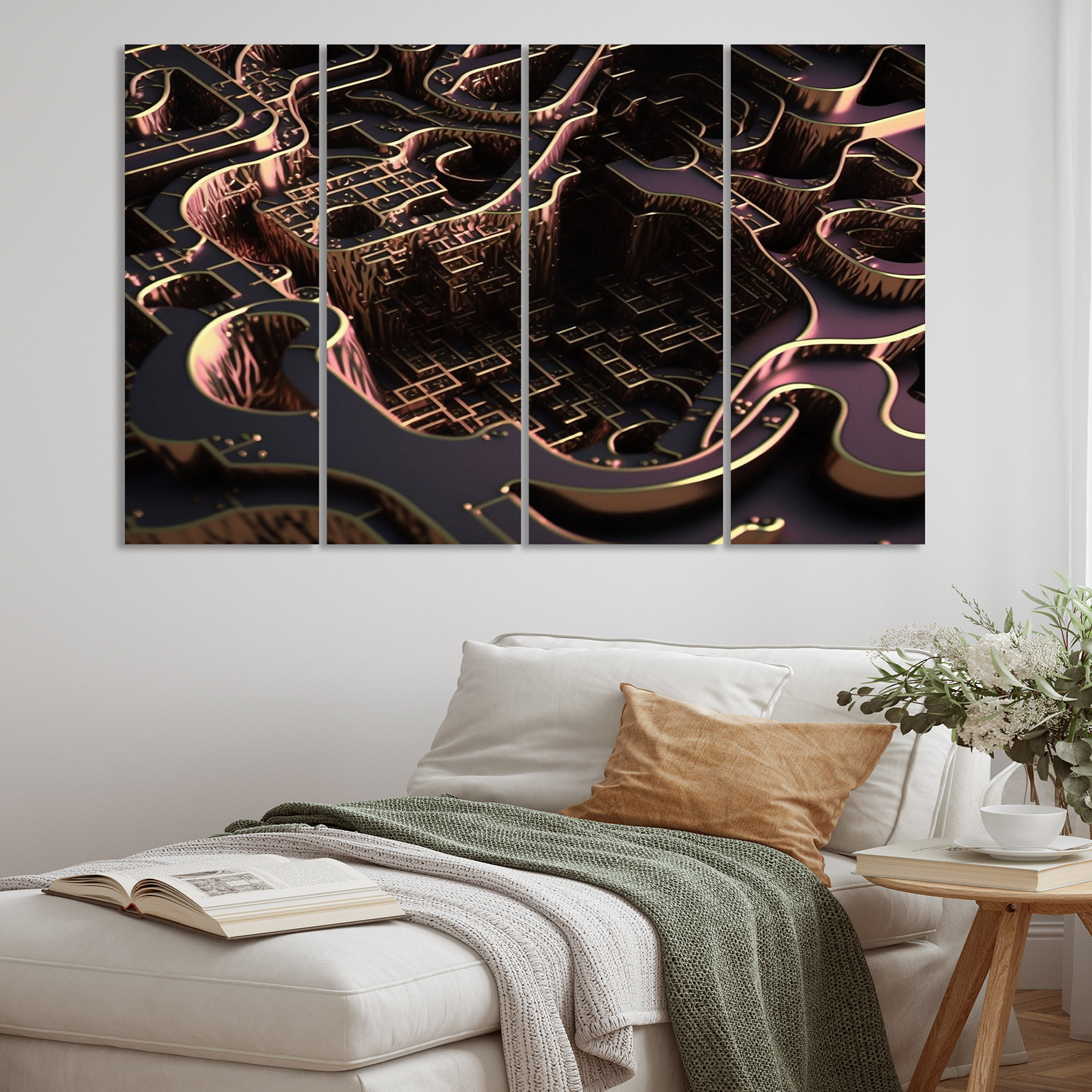 Design Art Futuristic Labyrinth Gold Maze Matrix I - 4 Piece Wrapped ...
