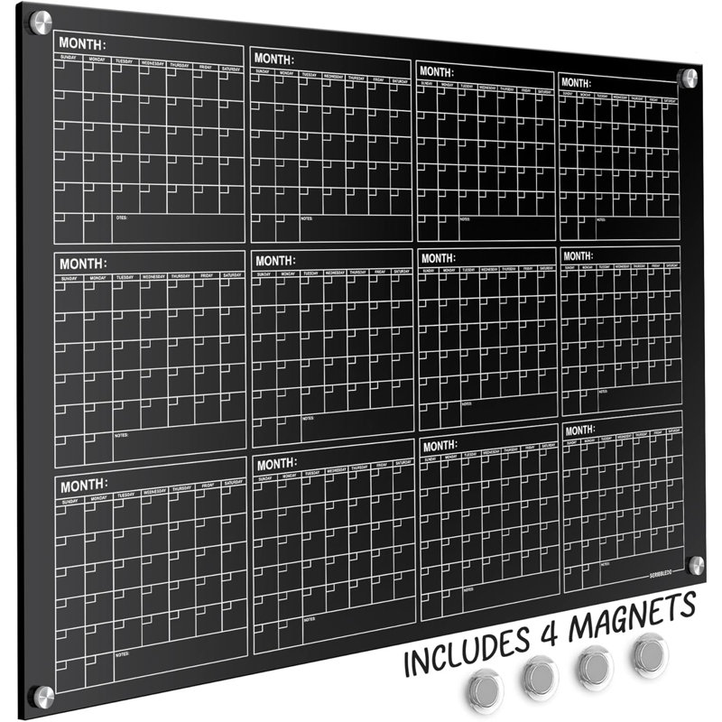 Scribbledo Black Magnetic 34”x46” Glass Whiteboard Yearly Calendar ...