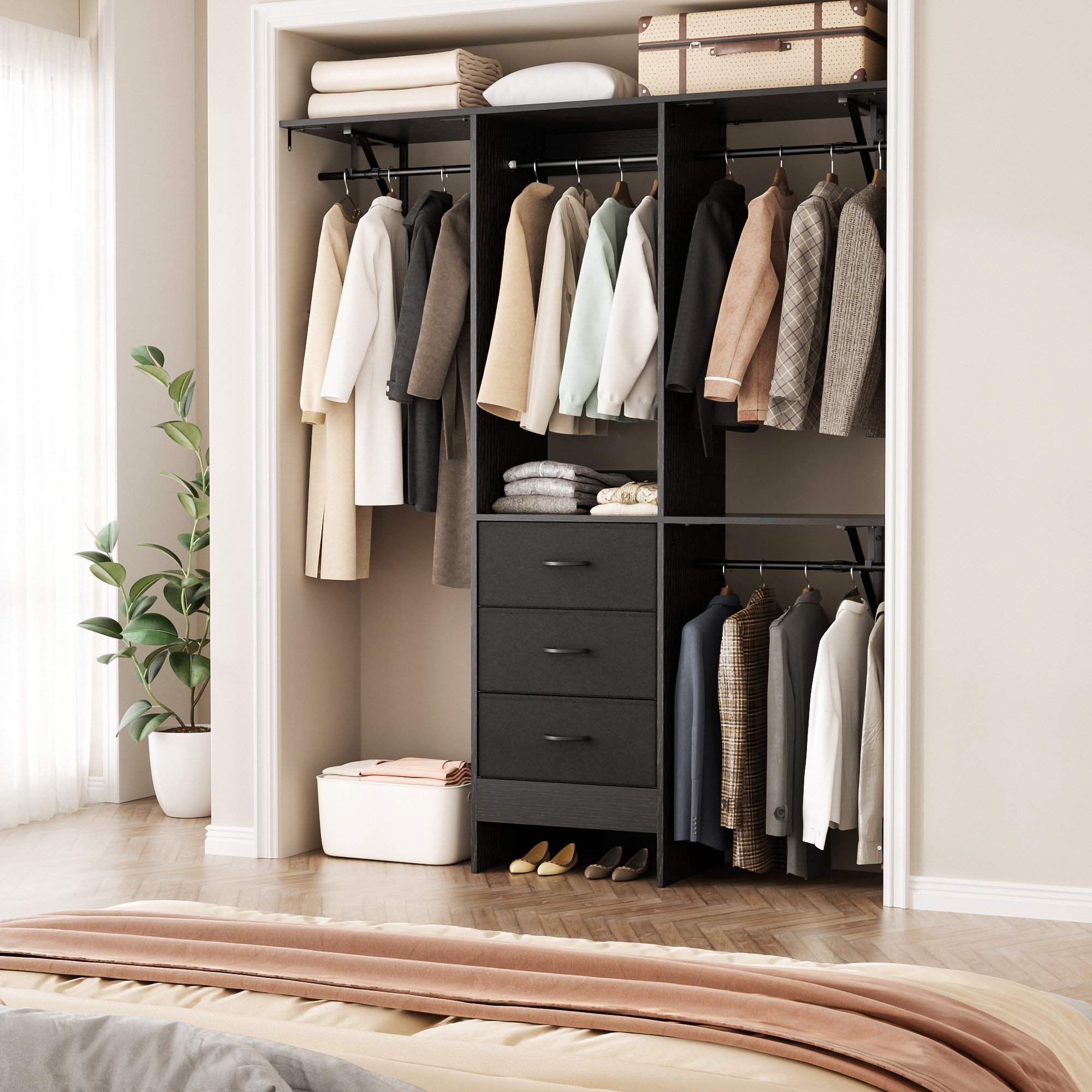 Ebern Designs Adjustable Wooden Closet System Up to 59"W with Storage ...