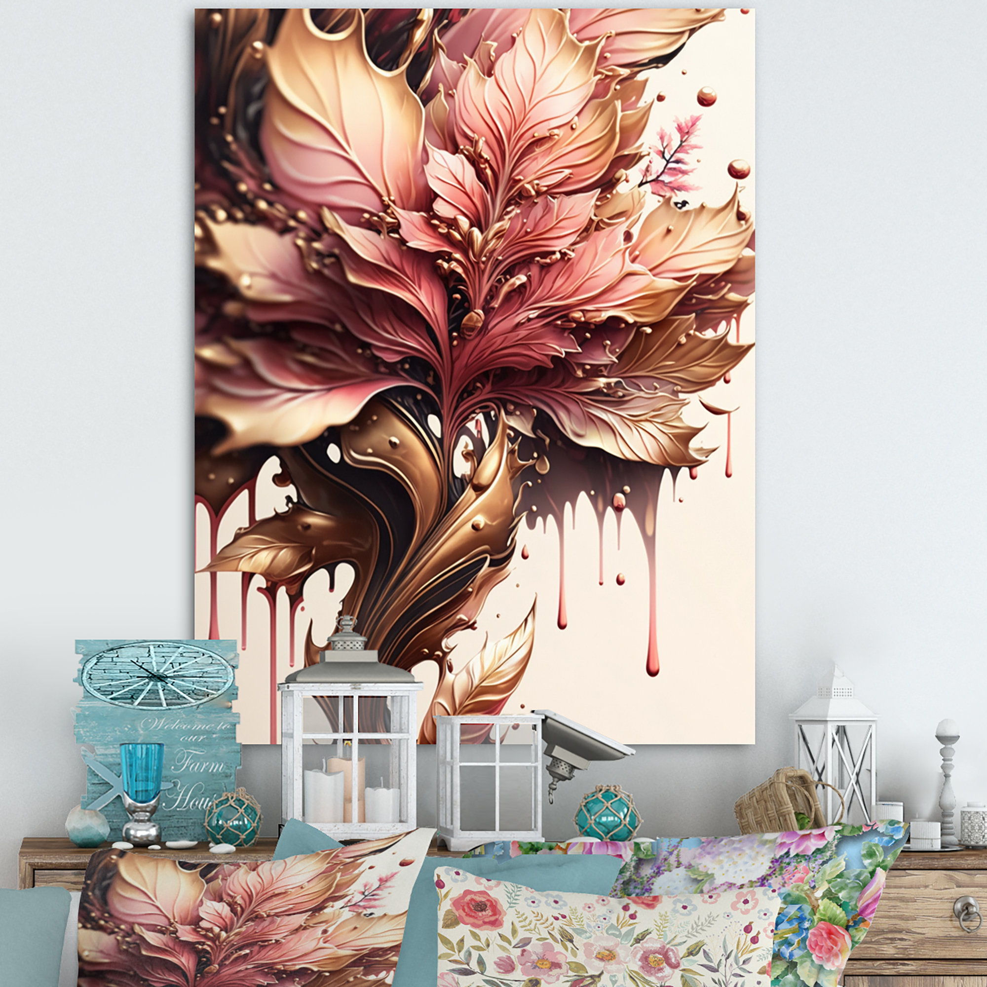 House of Hampton Katara Abstract Pink And Gold Leaves I - Wrapped ...