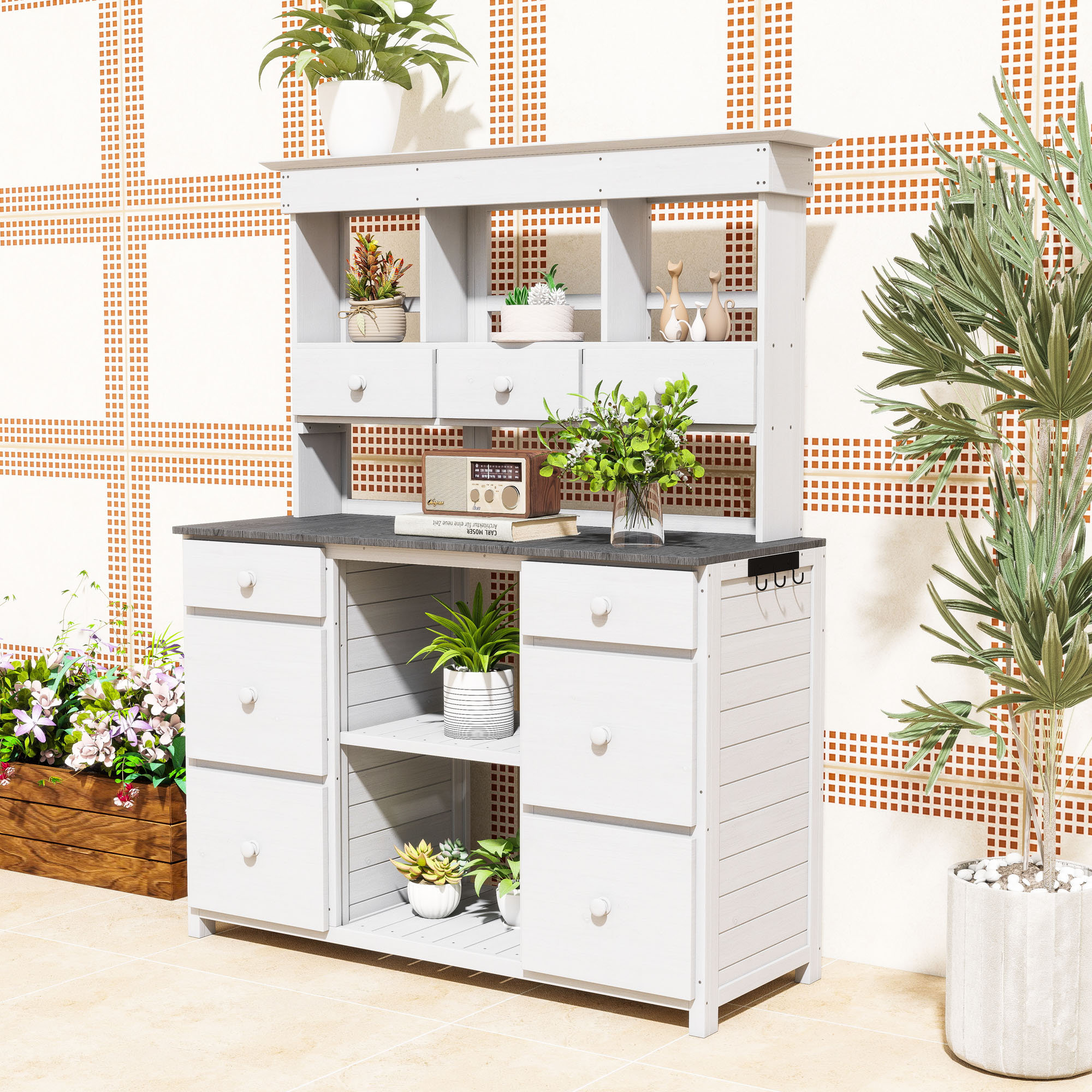 Gracie Oaks Garden Potting Bench Table with Upper Hutch, Adjustable ...