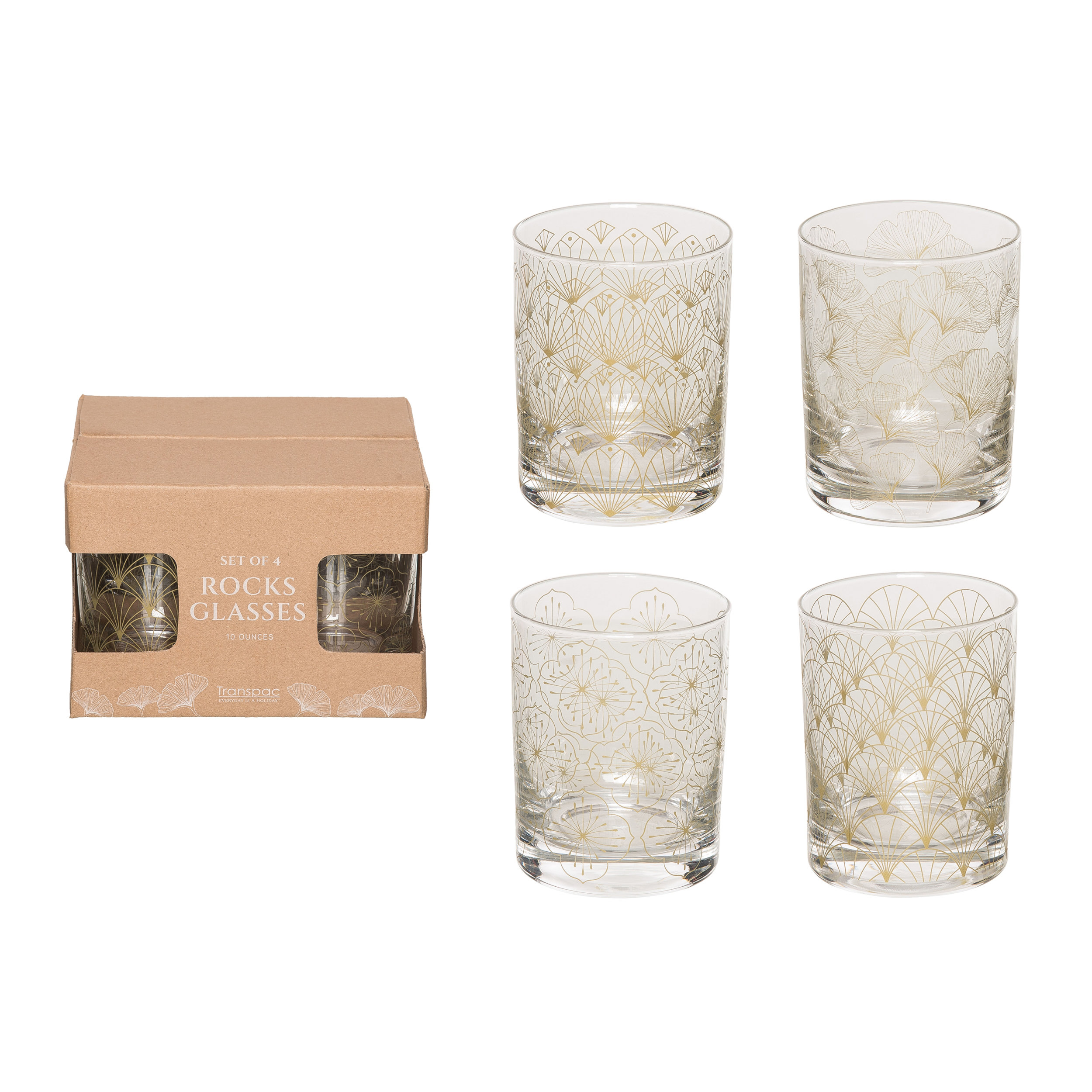 VIP INTERNATIONAL VIP Glass 6.61 in. Gold Floral Rocks Glasses Set of 4 ...