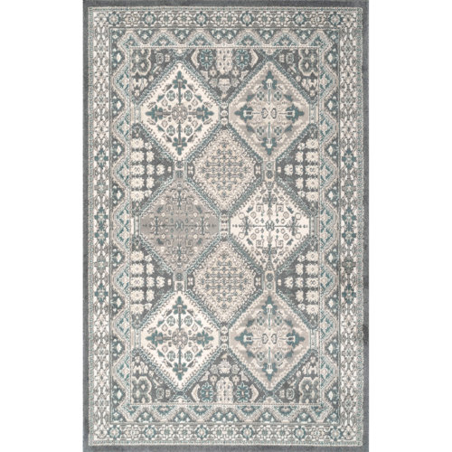 Bungalow Rose Joslyn Traditional Tiled Performance Gray/Blue Rug ...