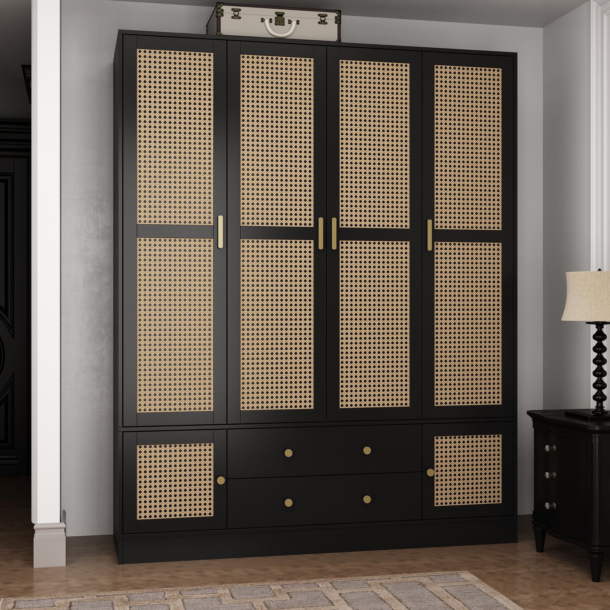 Bay Isle Home™ Elegant Rattan And Wood Wardrobe Cabinet With Gold ...