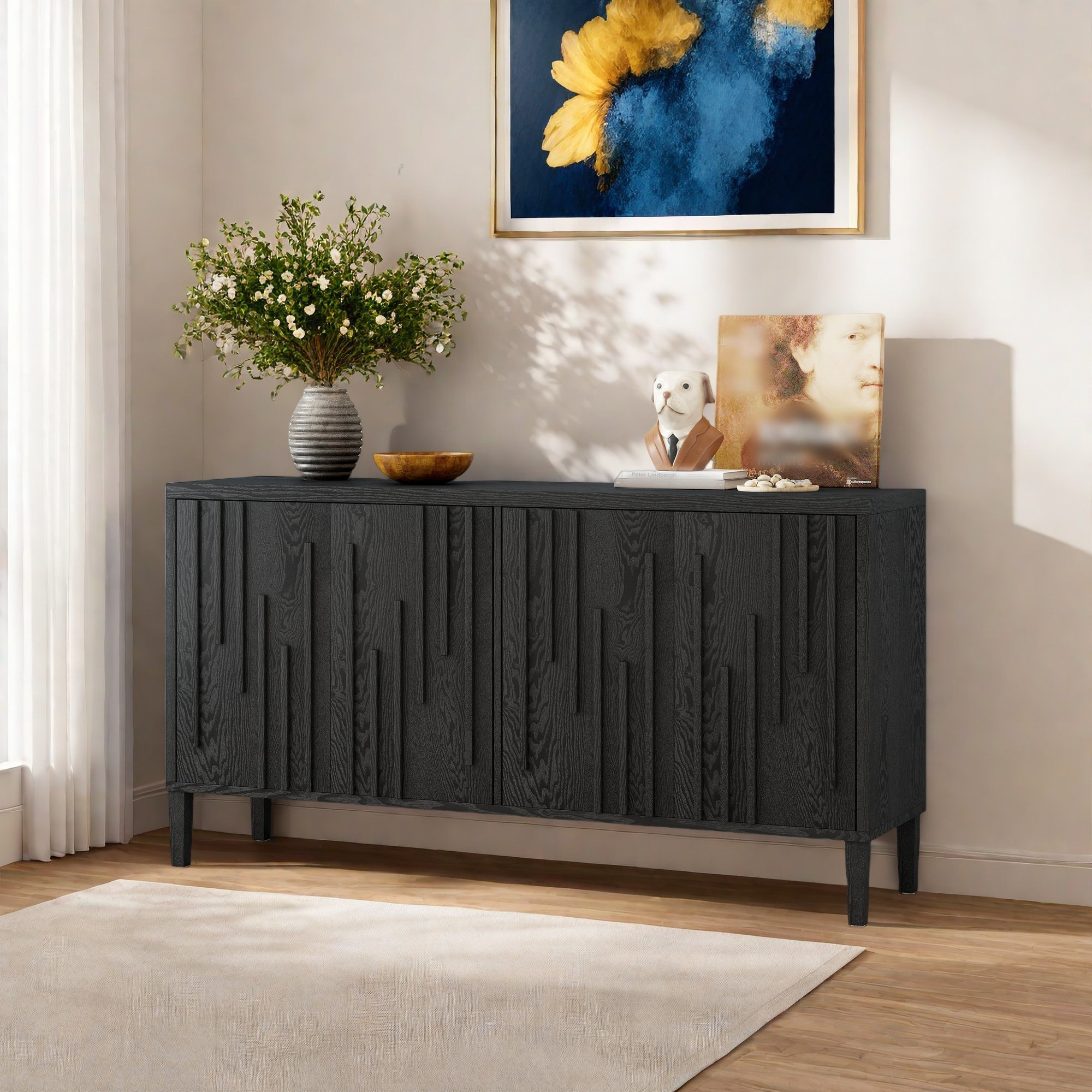 Ebern Designs 4-Door Sideboard,Hidden Handle,Distinctive Solid Ash Veneer Buffet With Storage ...