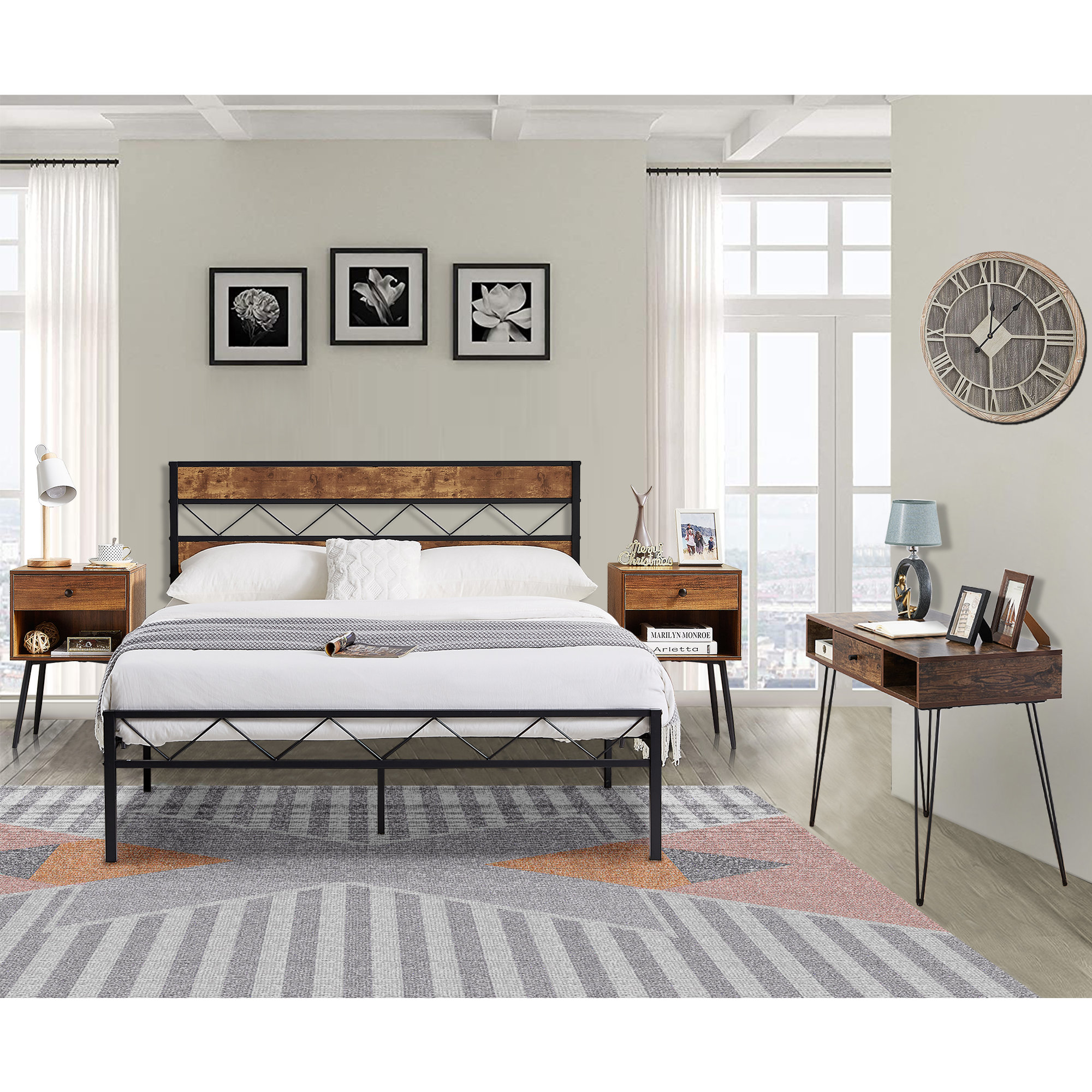 Steelside™ Alicia Bedroom Set Bed Frame Nightstands And Desk Set (Set ...