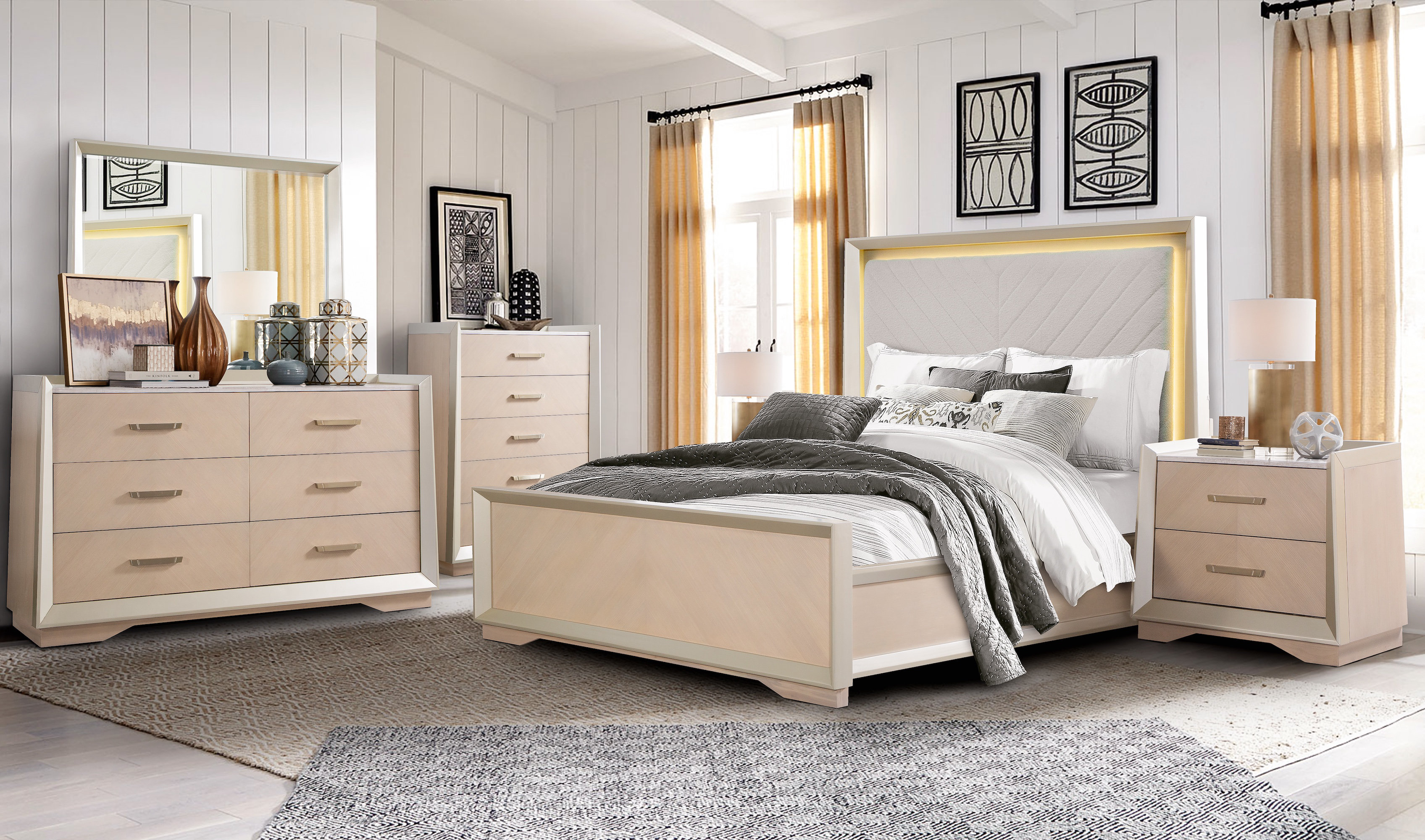 Everly Quinn Konopka Contemporary Champagne Bedroom Set with LED ...