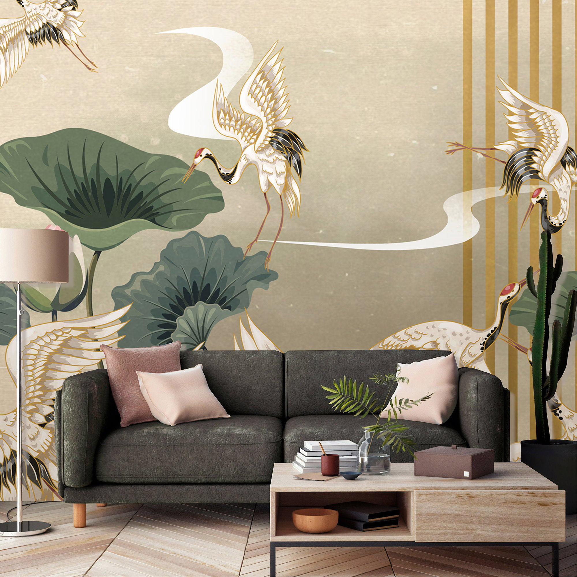 Wildon Home® Art Chinese Crane Birds Lotus Floral Asian Style Removable ...