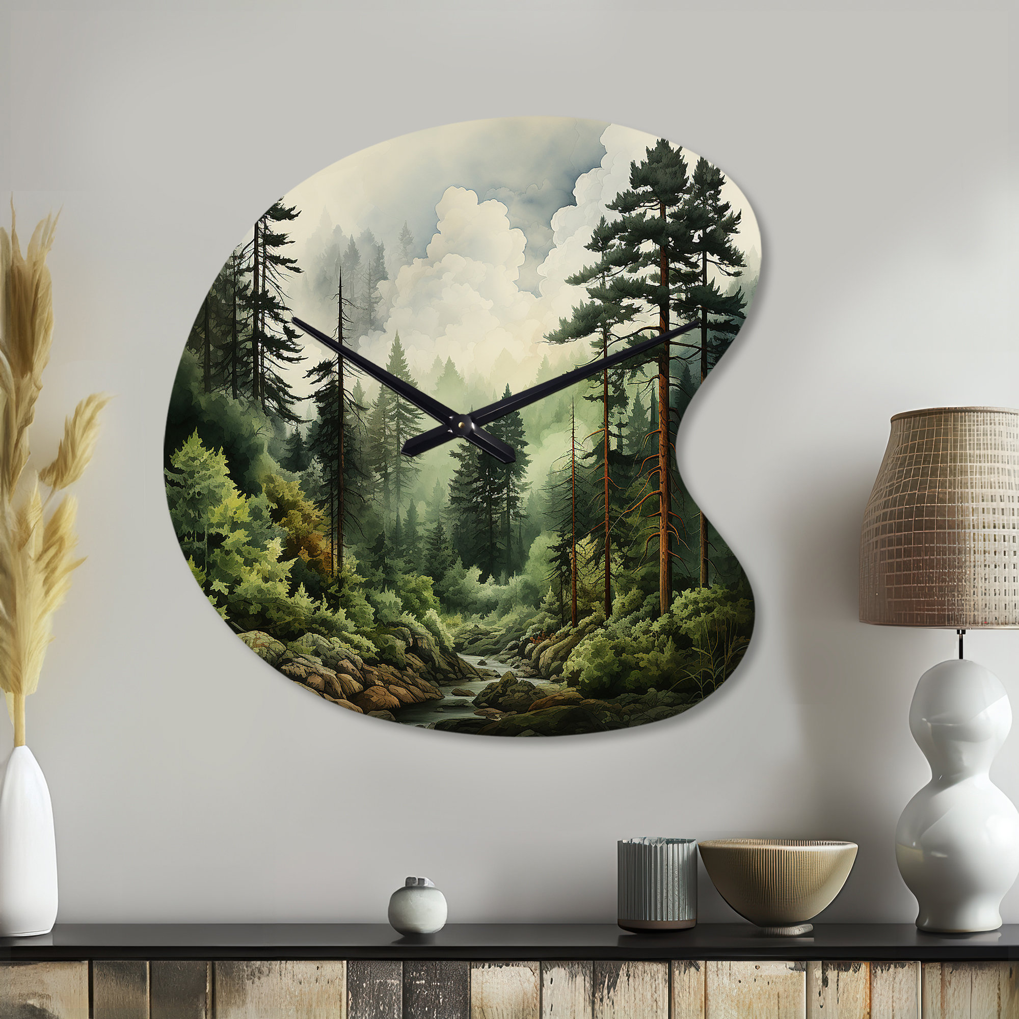 Design Art Pine Tree Forest - Pine Asymmetrical Metal Wall Clocks ...