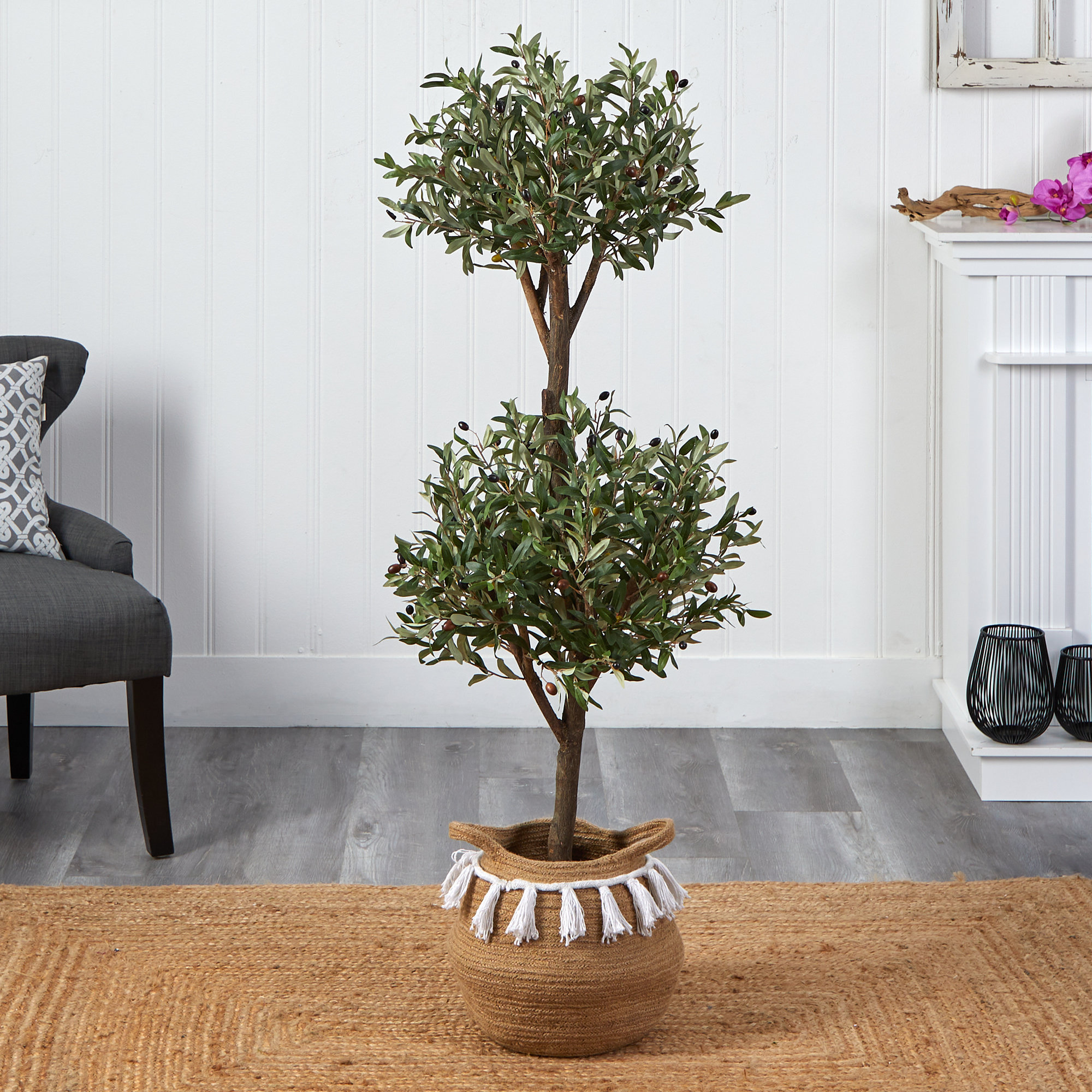 Primrue 54'' Faux Olive Tree Topiary in Cotton Basket | Wayfair