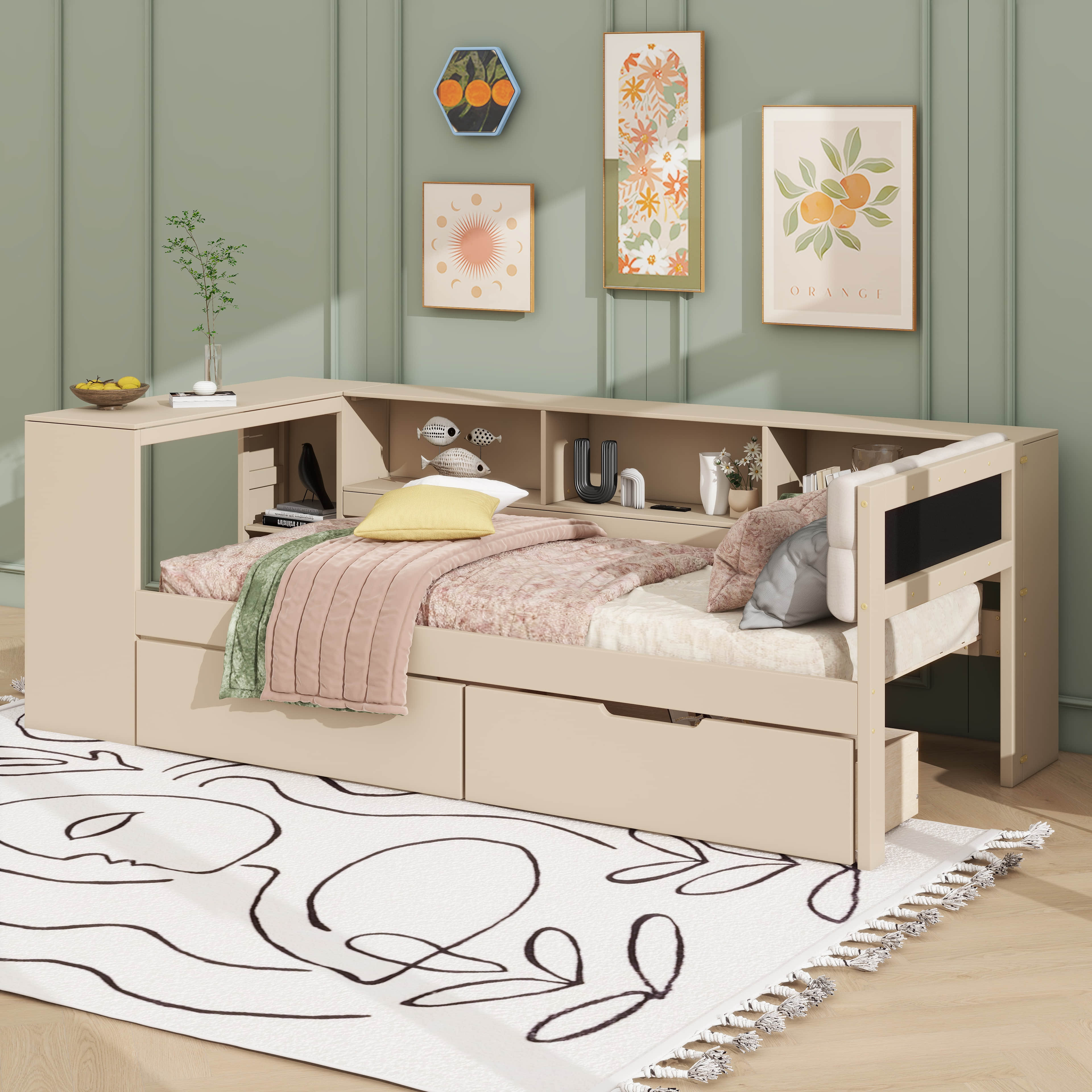 Winston Porter Luxurious Platform Bed With Storage Shelves, Drawers ...