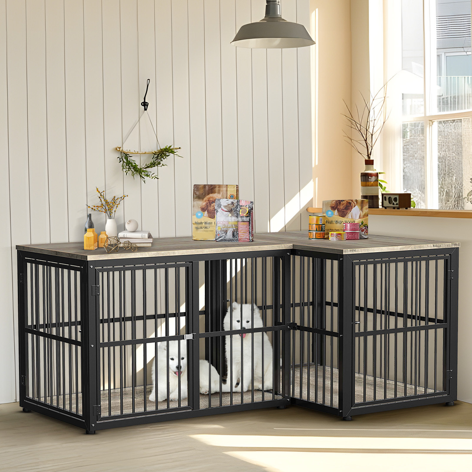 Tucker Murphy Pet™ 39'' L-Shaped Corner Dog Crate Furniture Large Breed With Double Rooms For ...