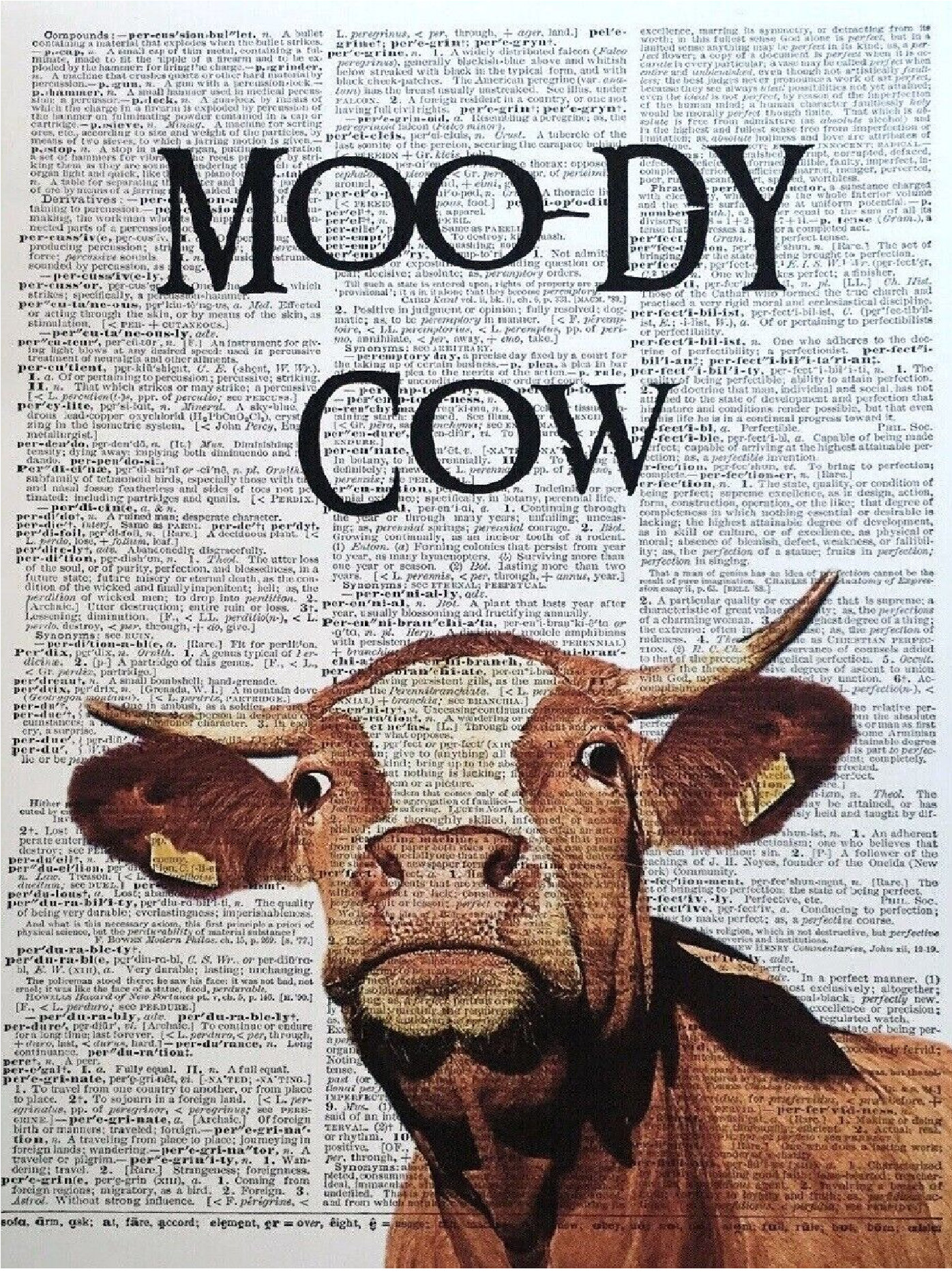 Happy Larry A3 Moody Cow Vintage Dictionary Print - Humanised Cow Wall ...