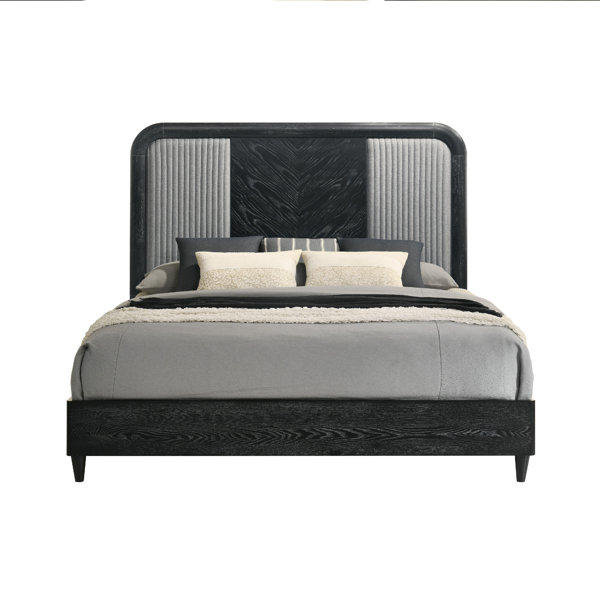 Benjara Sevy Bed, Gray Channel Tufted Upholstered, Onyx Black Wood ...