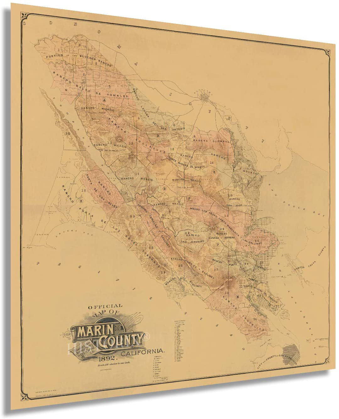HISTORIC PRINTS HISTORIX Vintage 1892 Marin County Poster Map - 24X24 ...