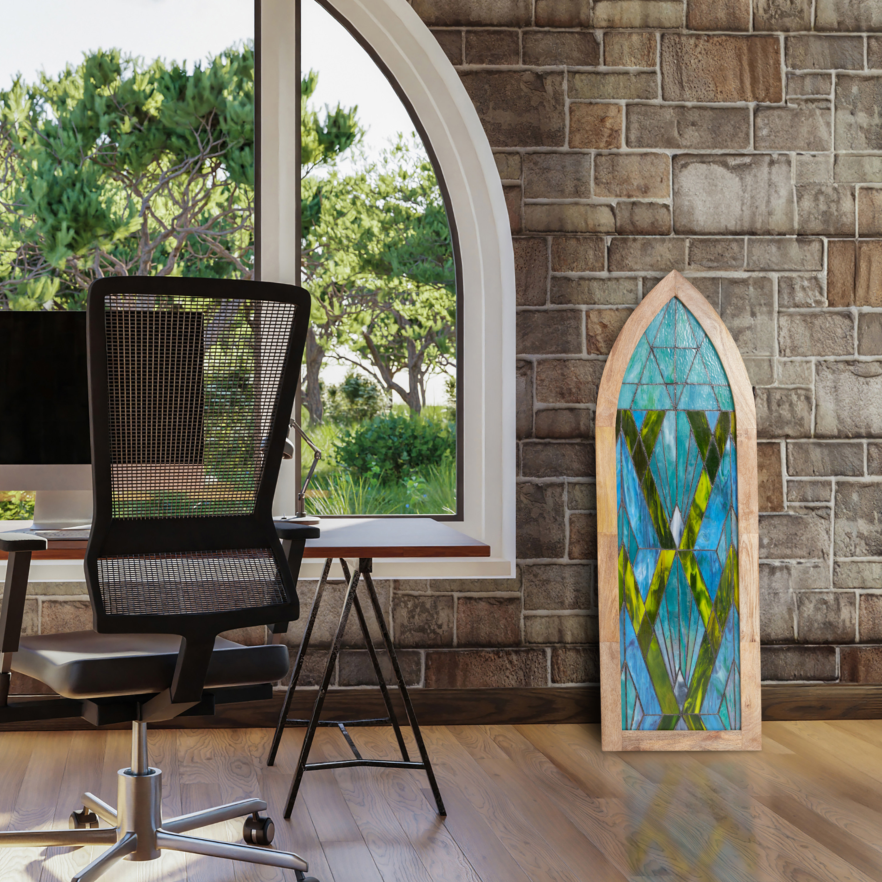 Foundry Select 48"H Aqua Art Deco Cathedral-Inspired Stained Glass ...
