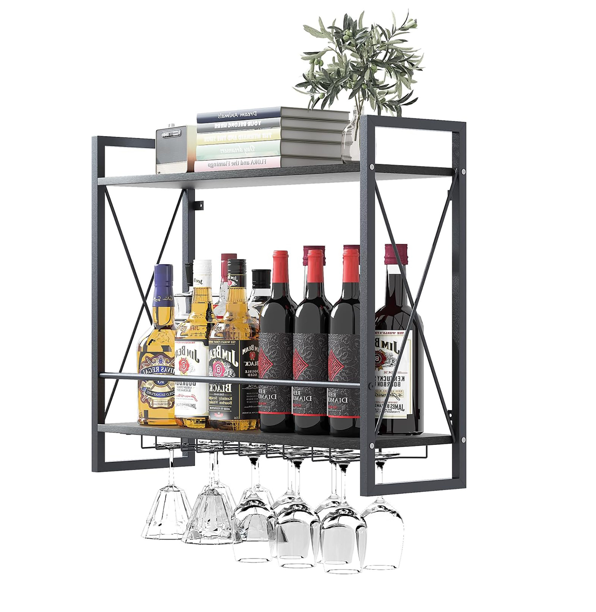 17 Stories 2 Tier Shelf With 5 Rows Wine Glass Hanging Rack ,Black Wood ...