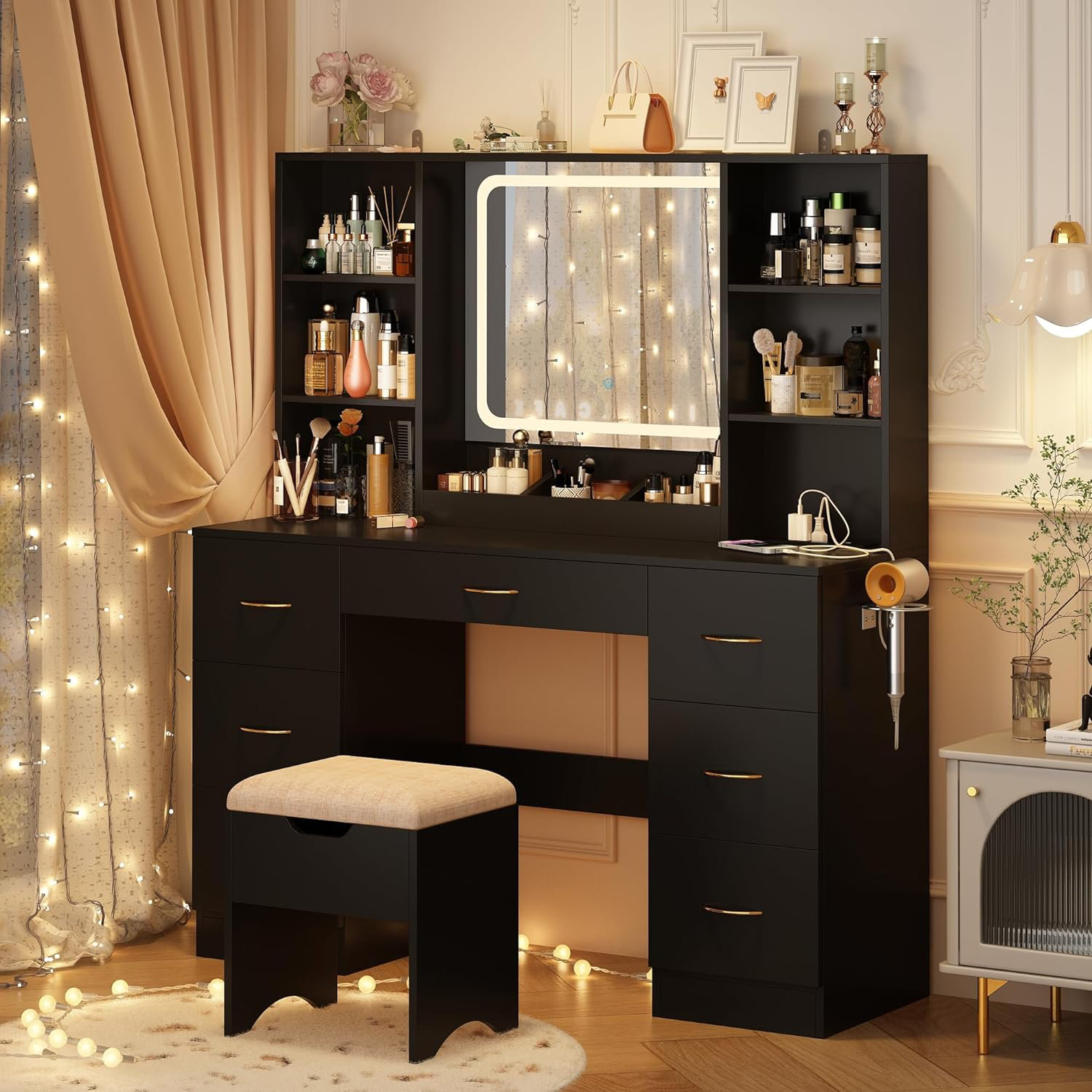 Latitude Run® 47" Vanity Desk with LED Lighted Mirror,Drawers ...