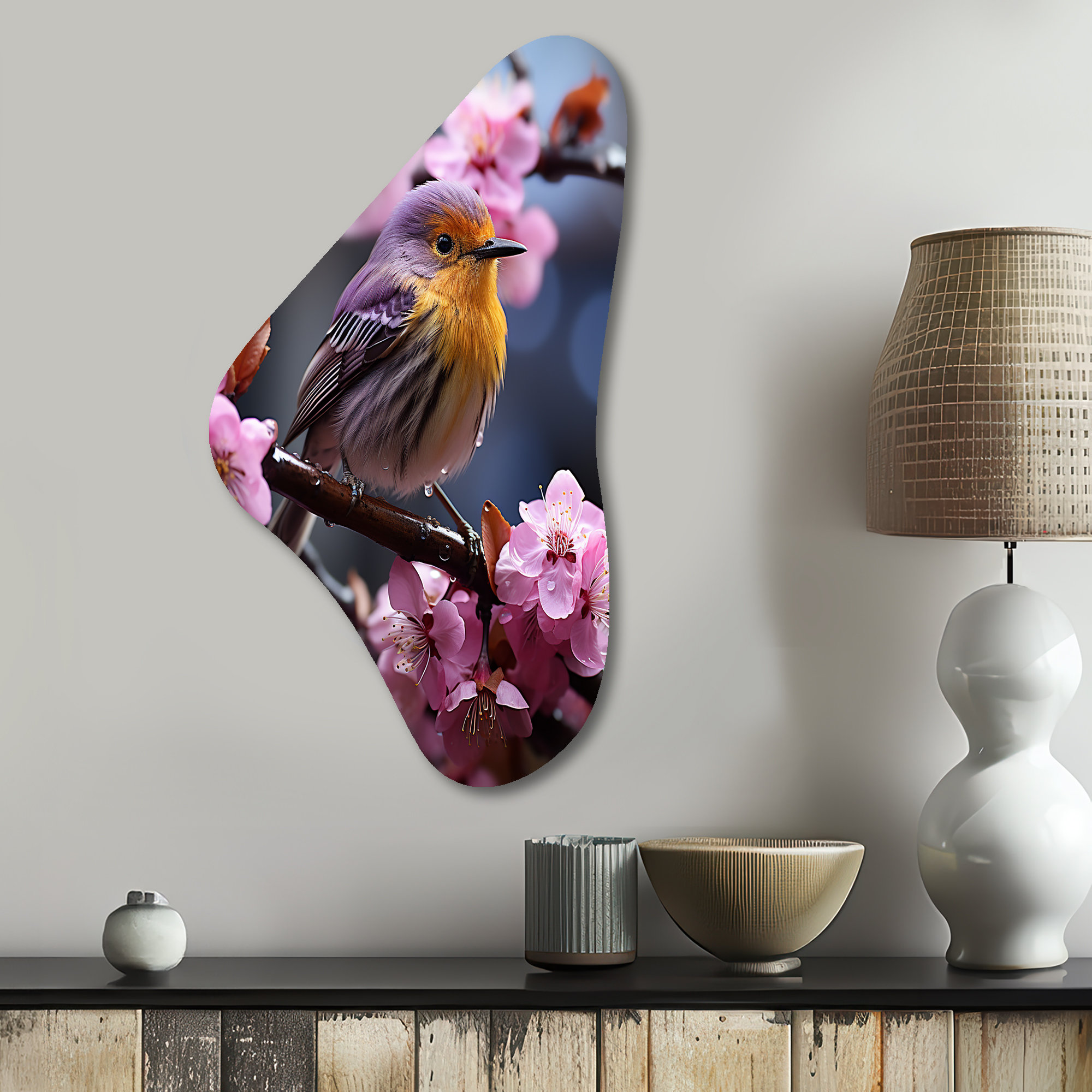 Lark Manor™ Yellow Bird On Blossom Cherry III - Asymmetrical Bird Metal ...
