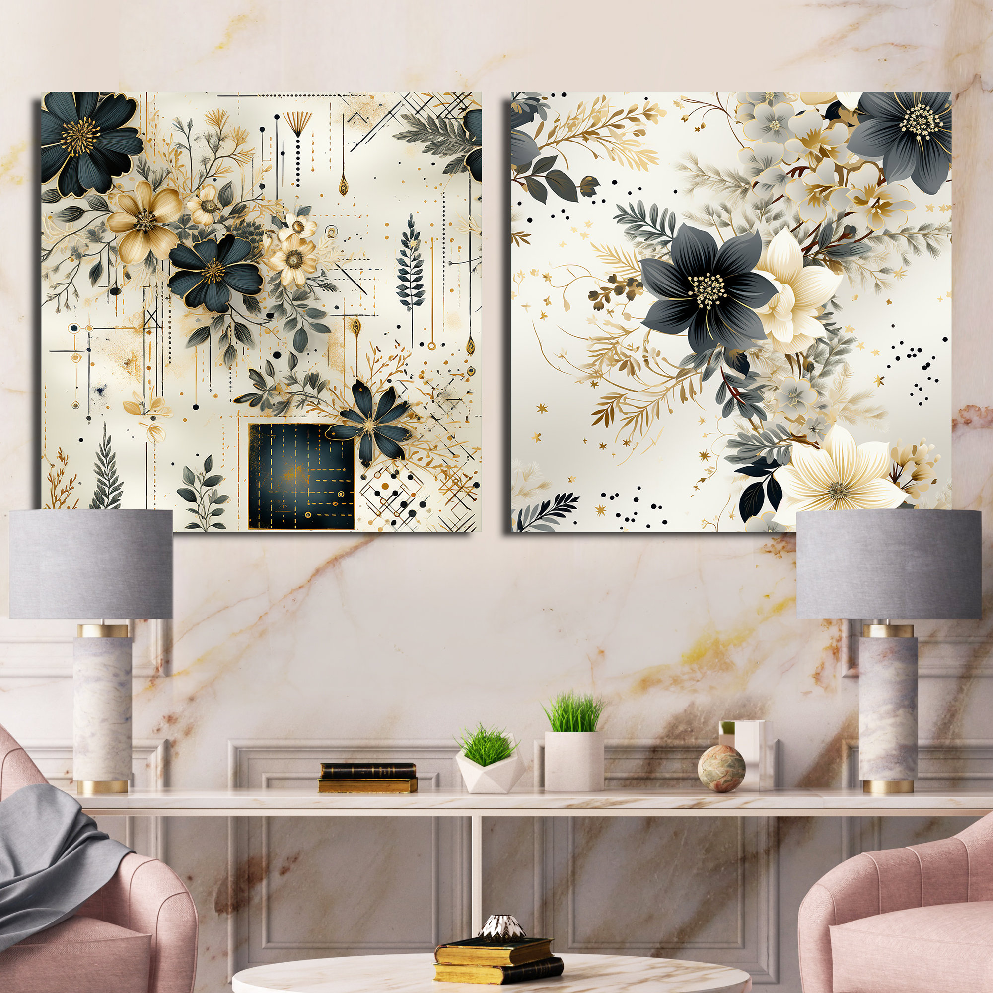 Design Art Ferns Grey And Beige Geometric Flowers - Abstract Botanicals ...