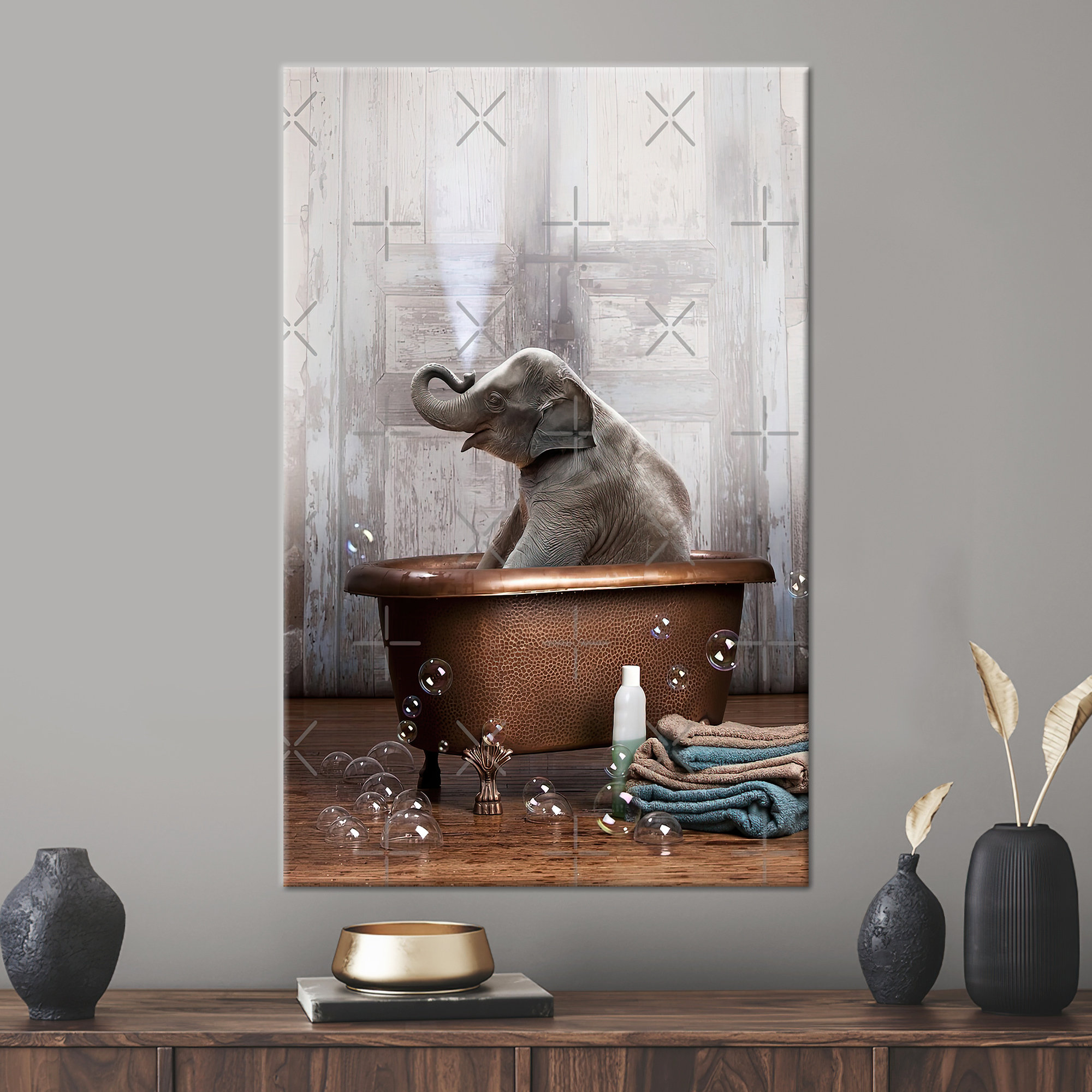 Trinx Bathtub Elephant Art, Elephant Wall Decor, Elephant Bathroom ...
