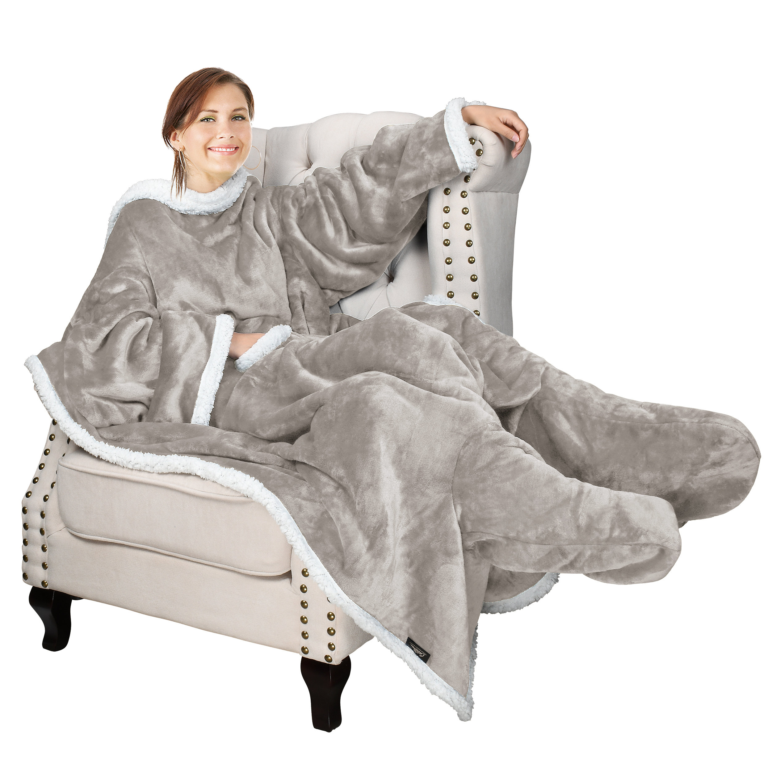 Catalonia Sherpa Wearable Blanket with Sleeves & Foot Pockets for Adult ...