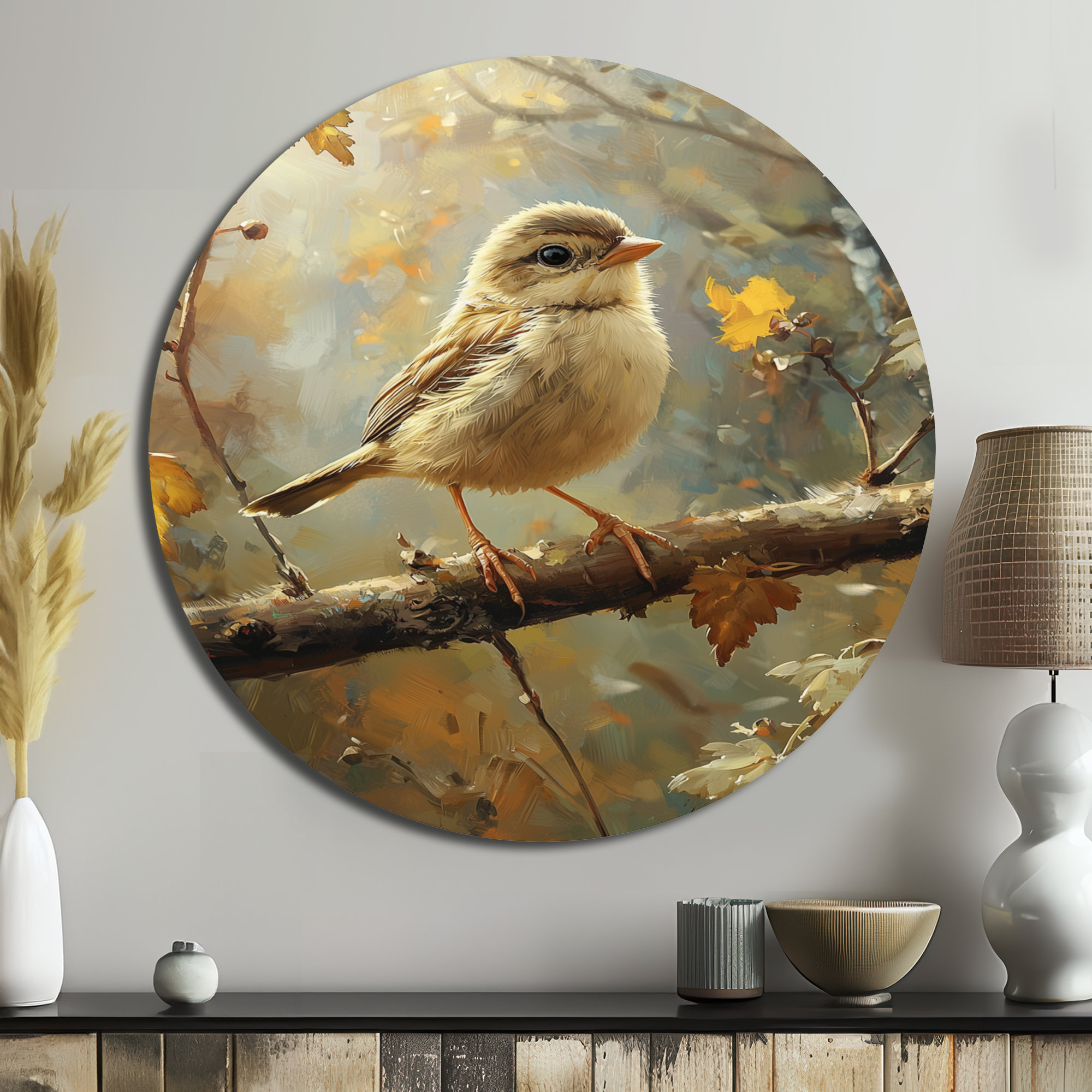 Design Art Cute Bird Sparrow On A Fallen Branch - Bird Round Metal Wall Art, Modern Yellow Metal ...