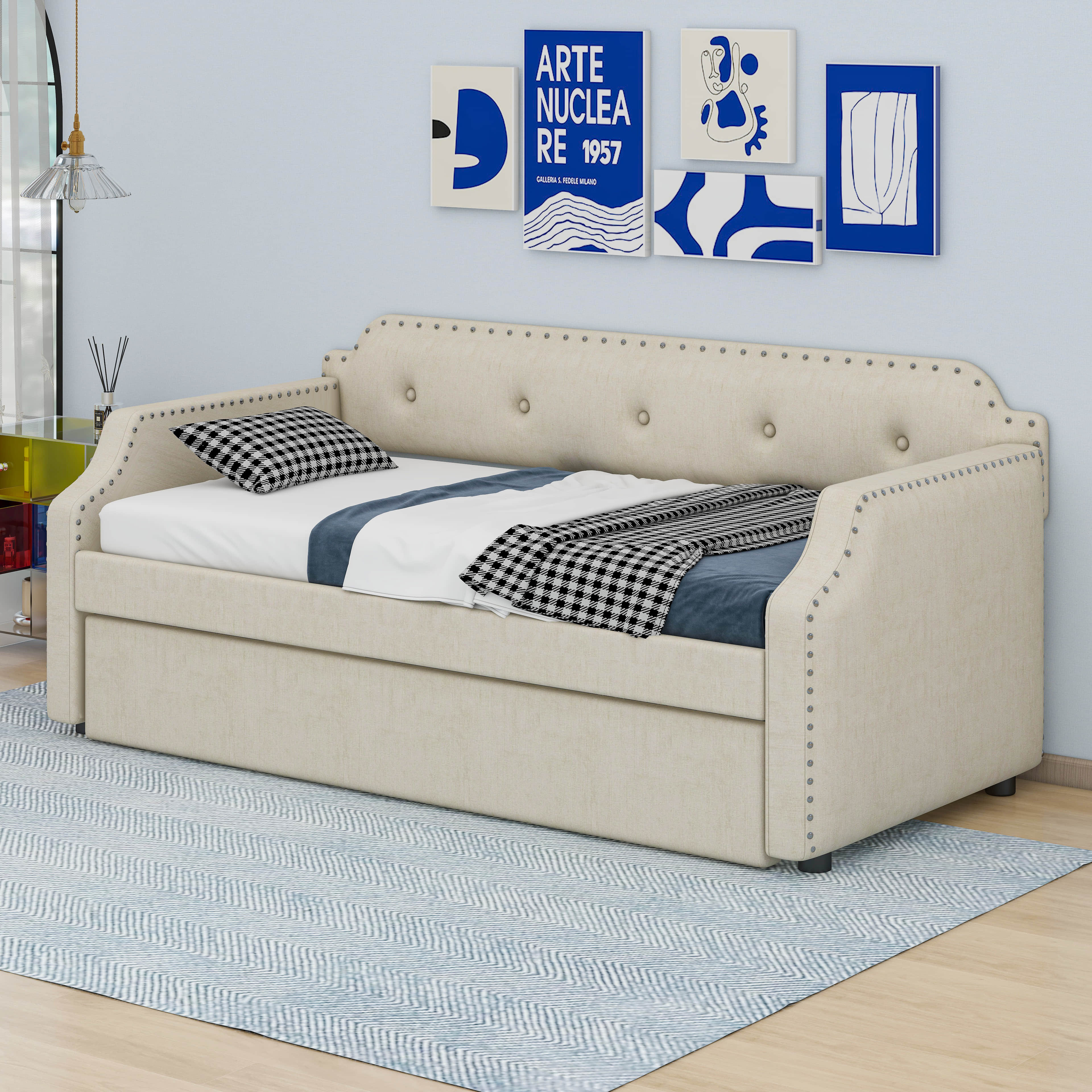 Cosmic Upholstered Twin Daybed With Trundle, Wood Day Bed Sofa Bed ...